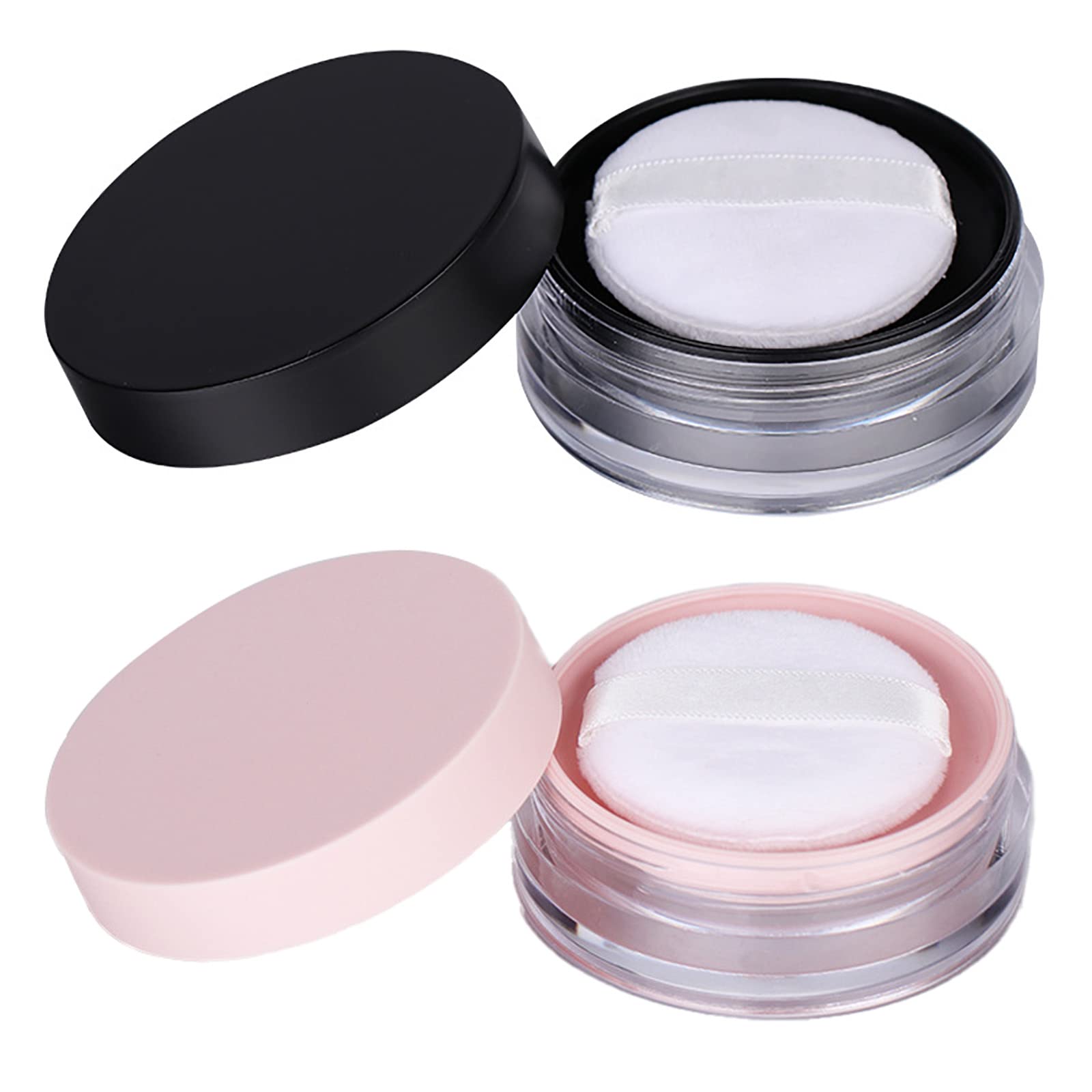 GIYOMI 2PCS Portable Loose Powder Container Makeup Case Travel Kit 10ml Compact Container DIY Makeup Powder Case with Sponge Powder Puff,Elasticated Net Sifter and Threaded Screw Lid(Black+Pink)
