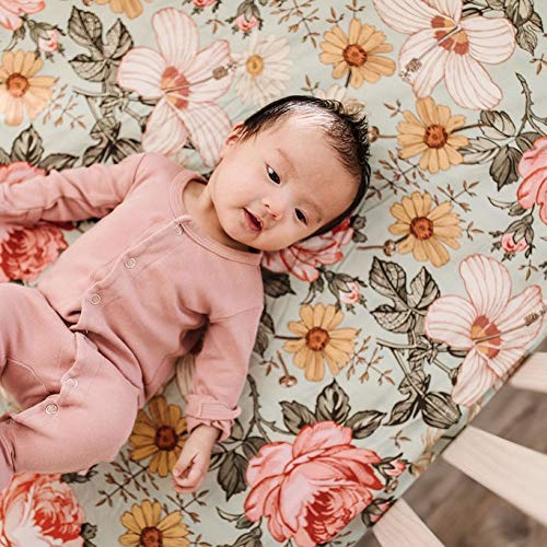 Fitted Crib Sheet - Garden Floral Pattern Design, Woven 100% Cotton (Sea Foam, Regular (28x52x9) in)