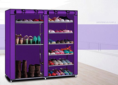 6 Tier Shoe Rack with Dustproof Cover, 30 Pairs Portable Vertical Double Row Shoe Rack Storage Organizer with Nonwoven Fabric Cover Cabinet for Closet & Entryway, Purple