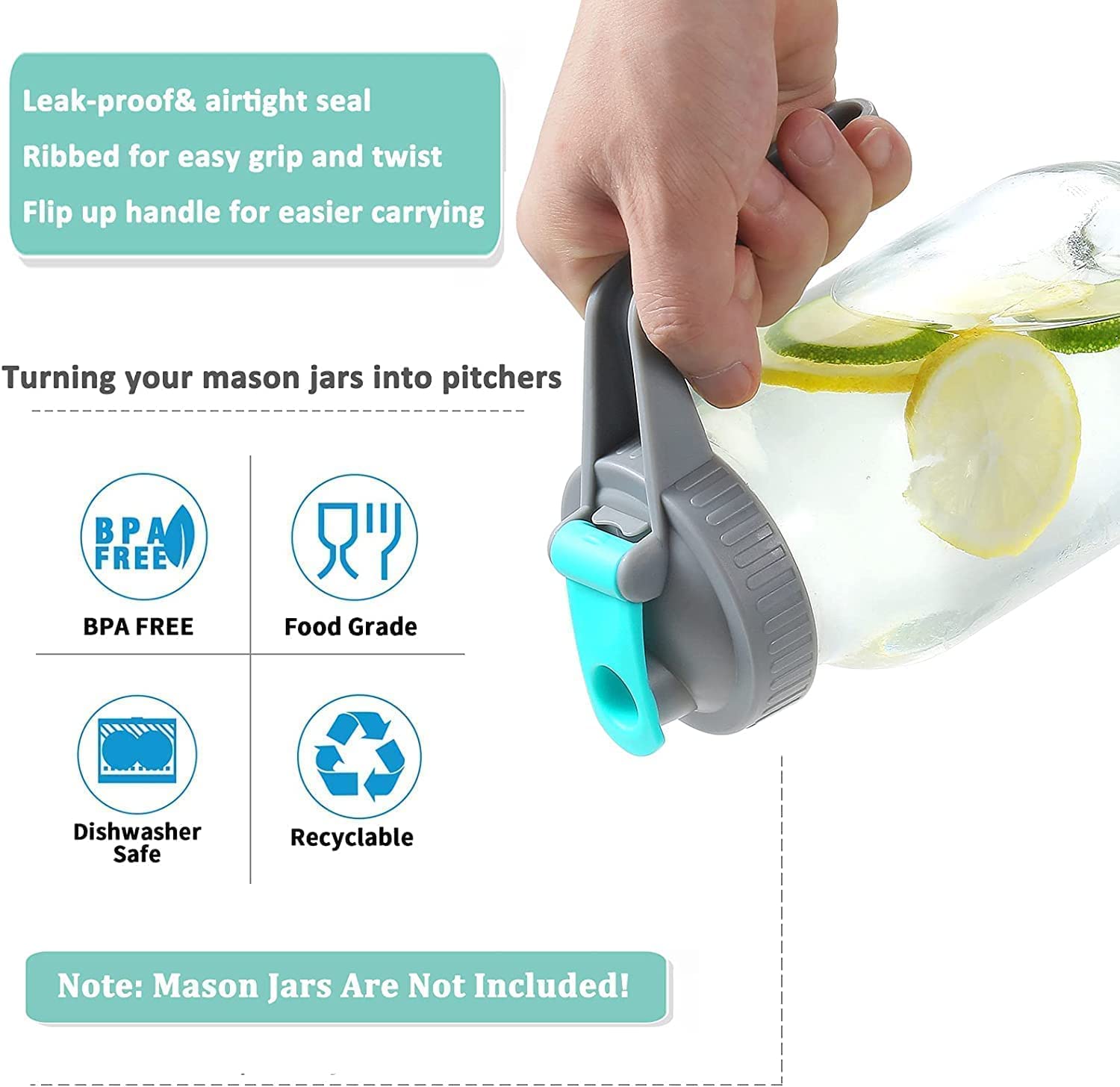 2 Pack Wide Mouth Mason Jar Lids for Ball Mason Jars, Including Mason Jar Pour Spout Lids with Handle, Innovative Flip Cap Lids, for Pouring, Drinking and Airtight Storage (Blue)