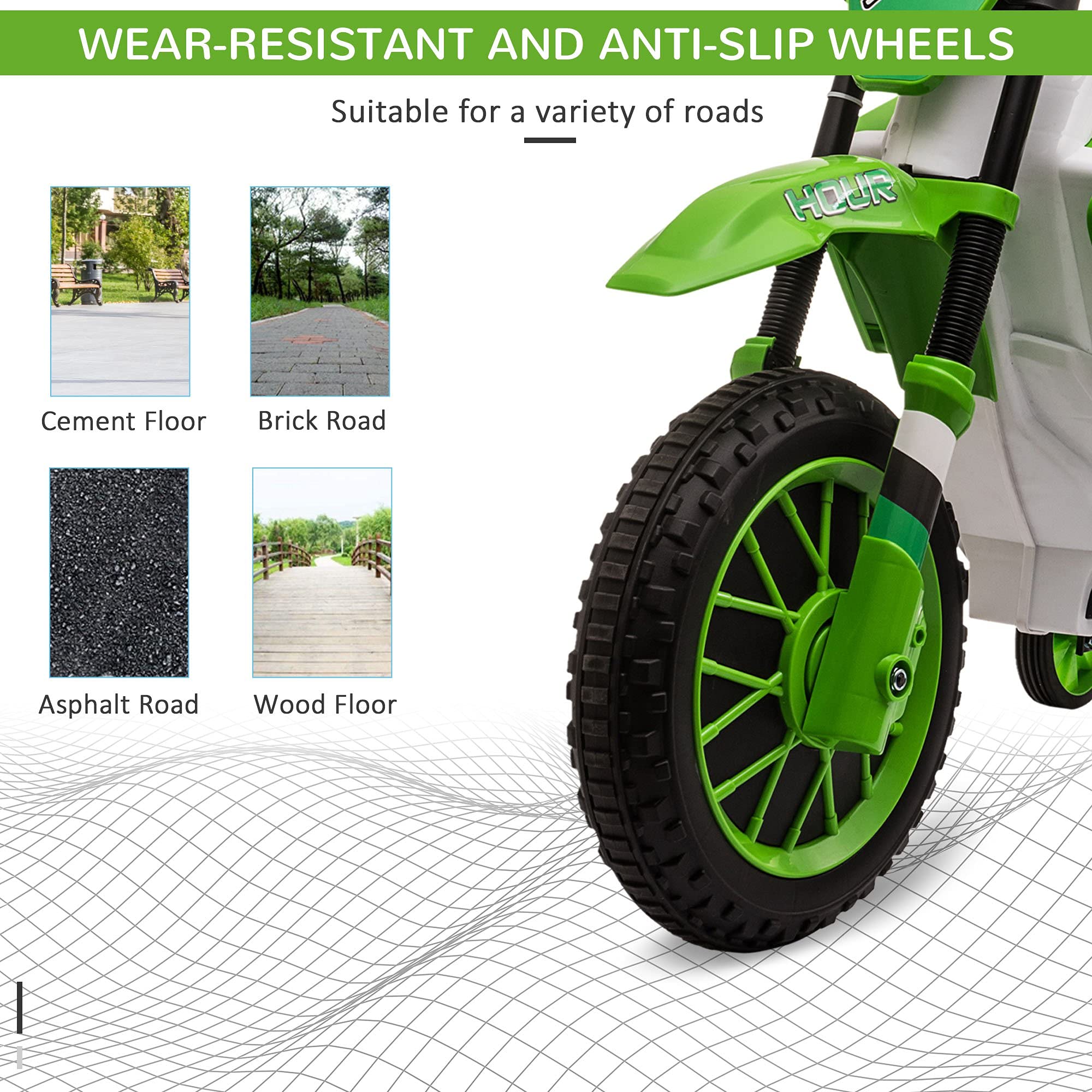 Aosom 12V Kids Motorcycle, Electric Motor Bike, Battery-Powered Ride-On Toy with Charging Battery, Training Wheels, Green