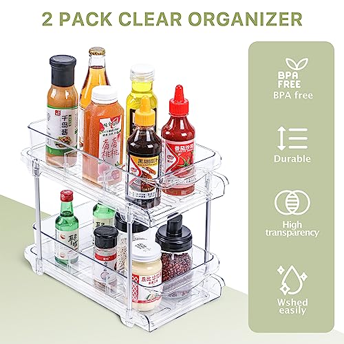 2 Tier Clear Bathroom Storage Organizer with Dividers and Pull Out Shelves - Under Sink Cabinet Organizer for Kitchen, Pantry, Vanity and Medicine Cabinet