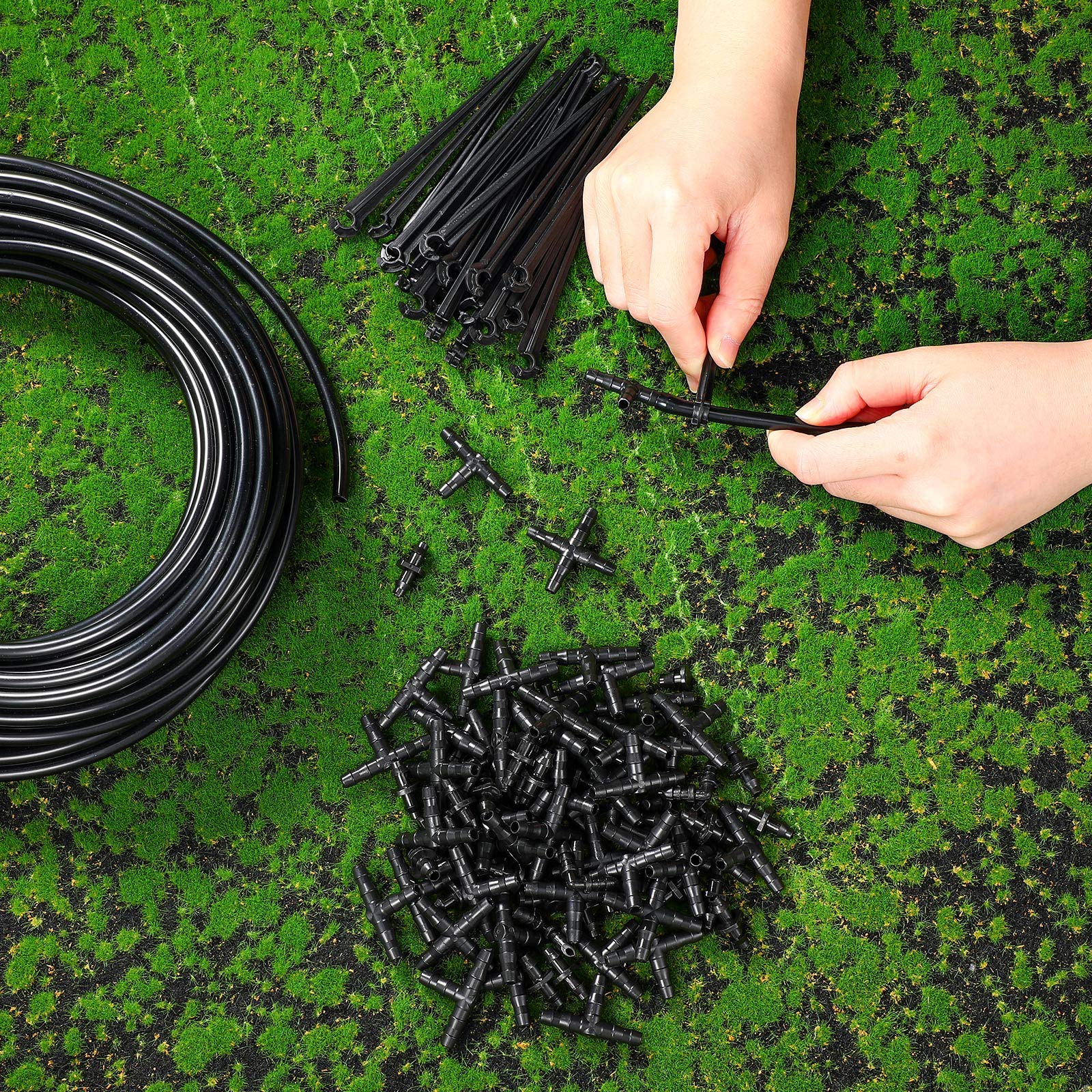 Irrigation Fitting Kit Drip Irrigation Barbed Connector Include 50 Single Barbed Connector 20 Tee 20 Elbow 20 4-Way Coupling and 100 Irrigation Support Stake Hose Holder for 1/4 Inch Tubing 210 Piece