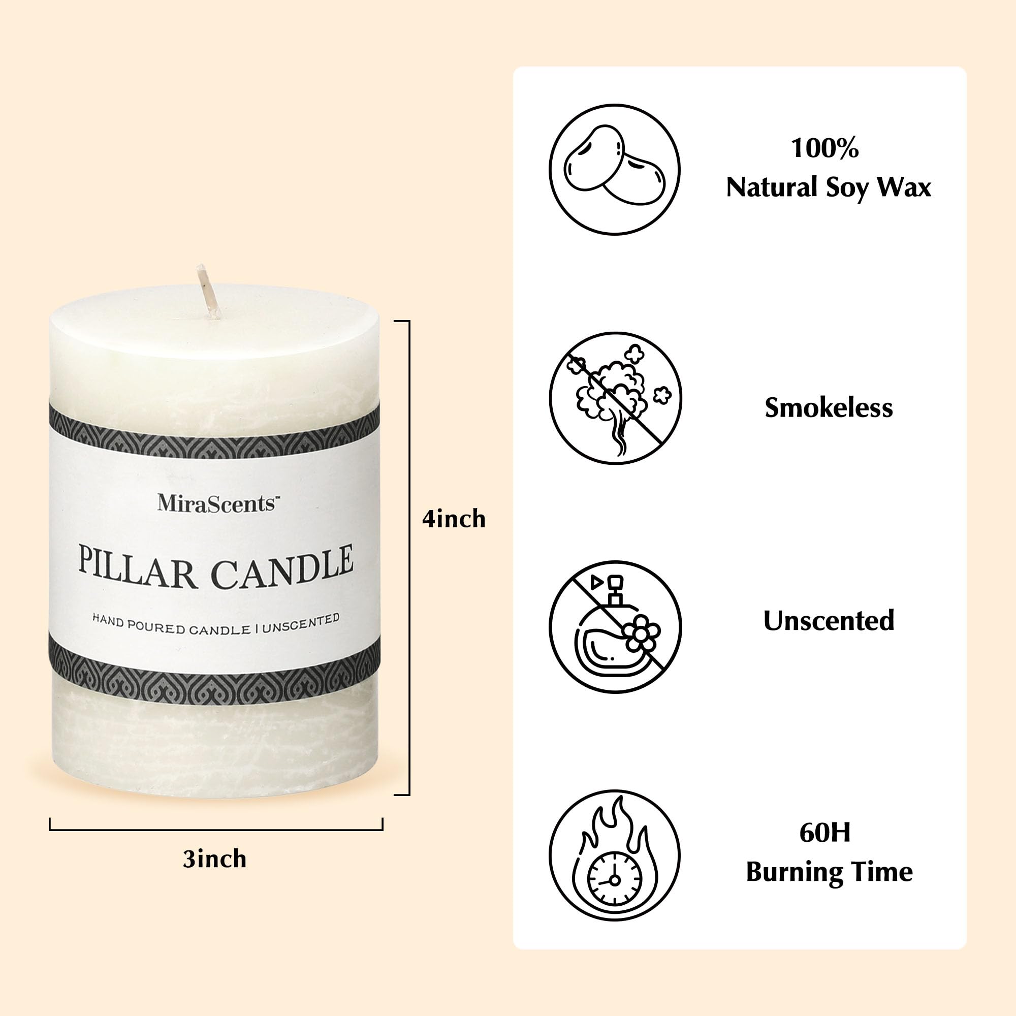 3x4 Inch White Pillar Candles Set of 3 - Hand-Poured Unscented Candles, Long Clean Burning, Large Big Candles, Smokeless Dripless Candles for Dinner Table, Wedding, Home, Bathroom, Rustic Decor