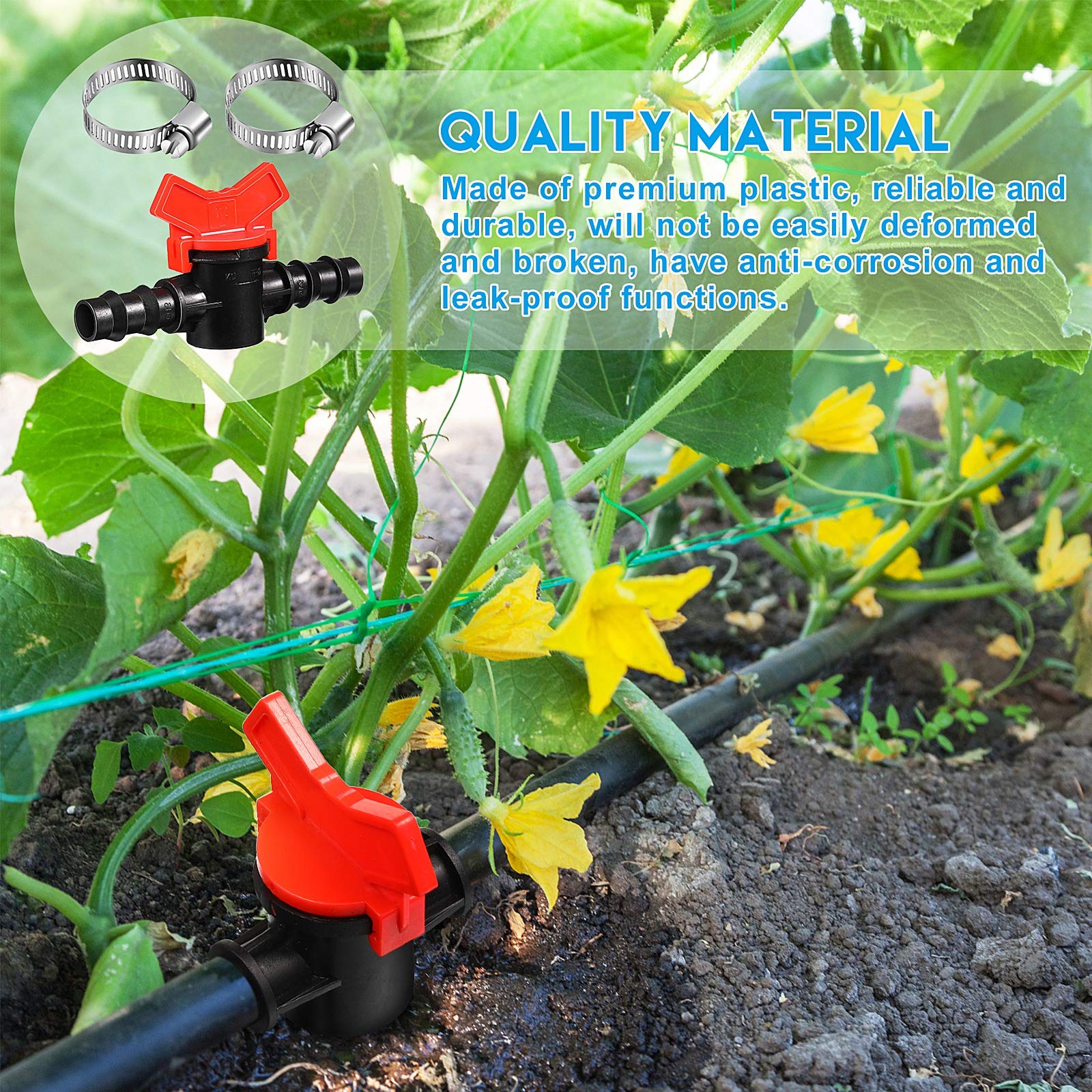 Irrigation Fitting Kit 9 Pieces Drip Irrigation Switch Valve Gate Valves Irrigation Barbed Connectors with Shut-Off Valve and 18 Stainless Steel Clamps and Roll Tape for 1/2 Inch Irrigation Tubing