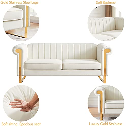 83" Modern Chesterfield Sofa, Melpomene Velvet Sofa Couch with Flared Arms and Removable Cushions for Living Room Bedroom(Beige)