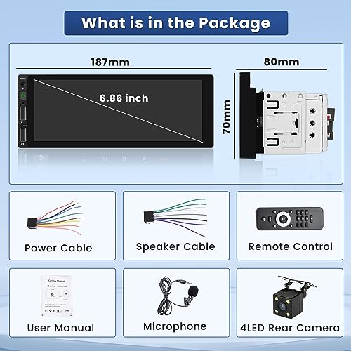 6.86 Inch Wireless Apple Carplay Car Stereo Single Din Touch Screen Car Radio with Bluetooth 5.0 Support Android Auto Mirror Link FM EQ SWC, Car Audio Receiver with USB/SWC/MIC/AUX-in