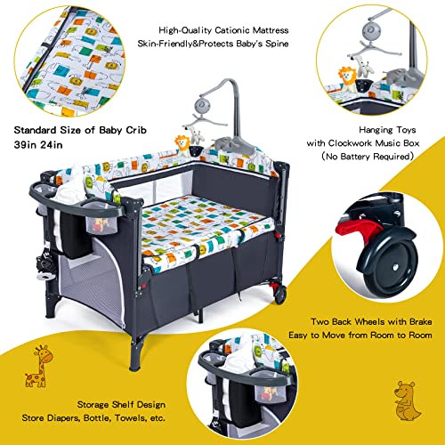 Baby 5-in-1 Pack and Play with Bassinet, Bassinet Bedside Sleeper 5 Functions, Baby Crib with Mattress, Diaper Changer, Playard and Music Box, Bedside Crib for Newborn to Toddles