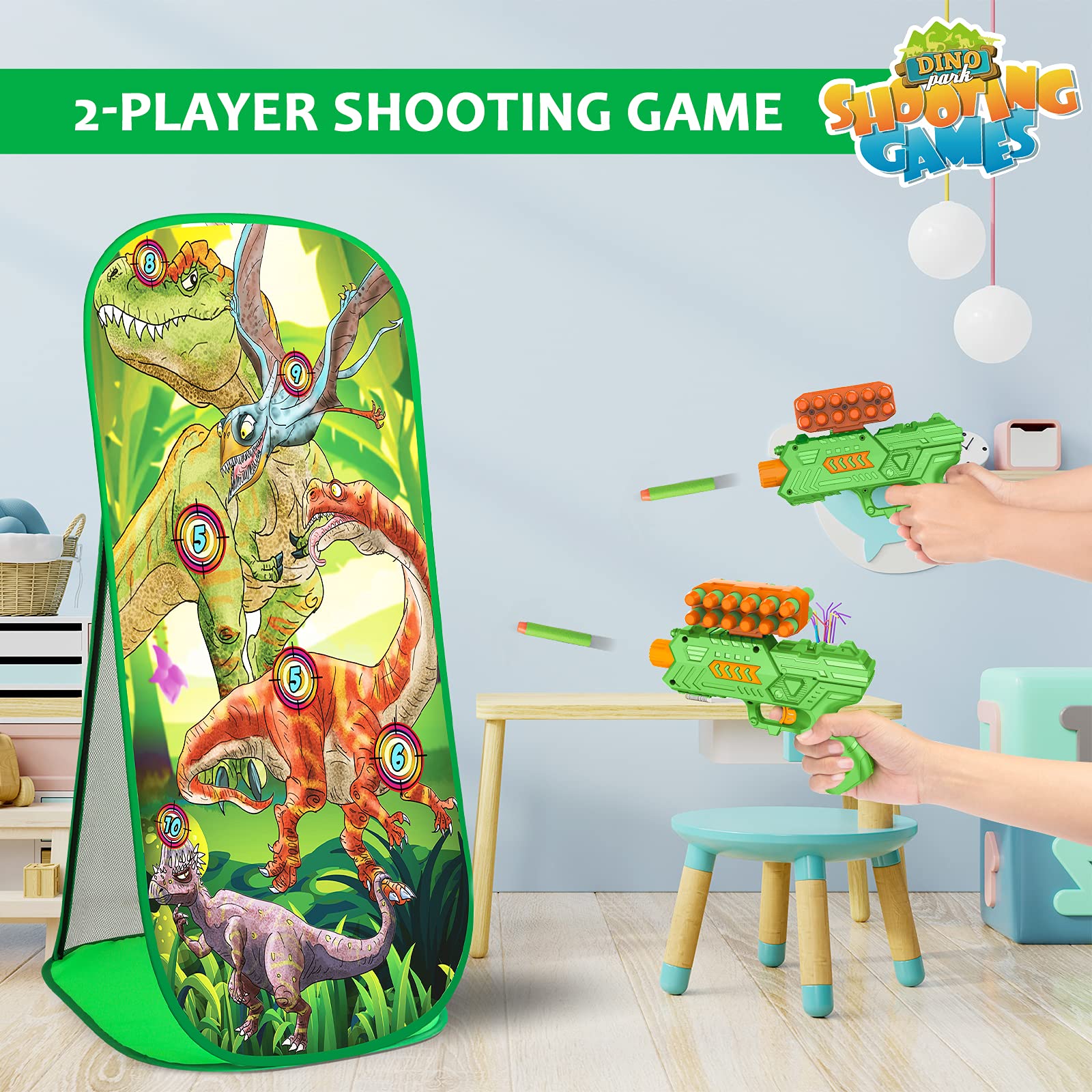 ABERLLS Shooting Game Toy for Age 5 6 7 8 9 10+ Years Old Kids, Boys, Dinosaur Shooting Target with 2 Foam Dart Blasters 40 Foam Darts, Ideal Kids Gift for Indoor Outdoor