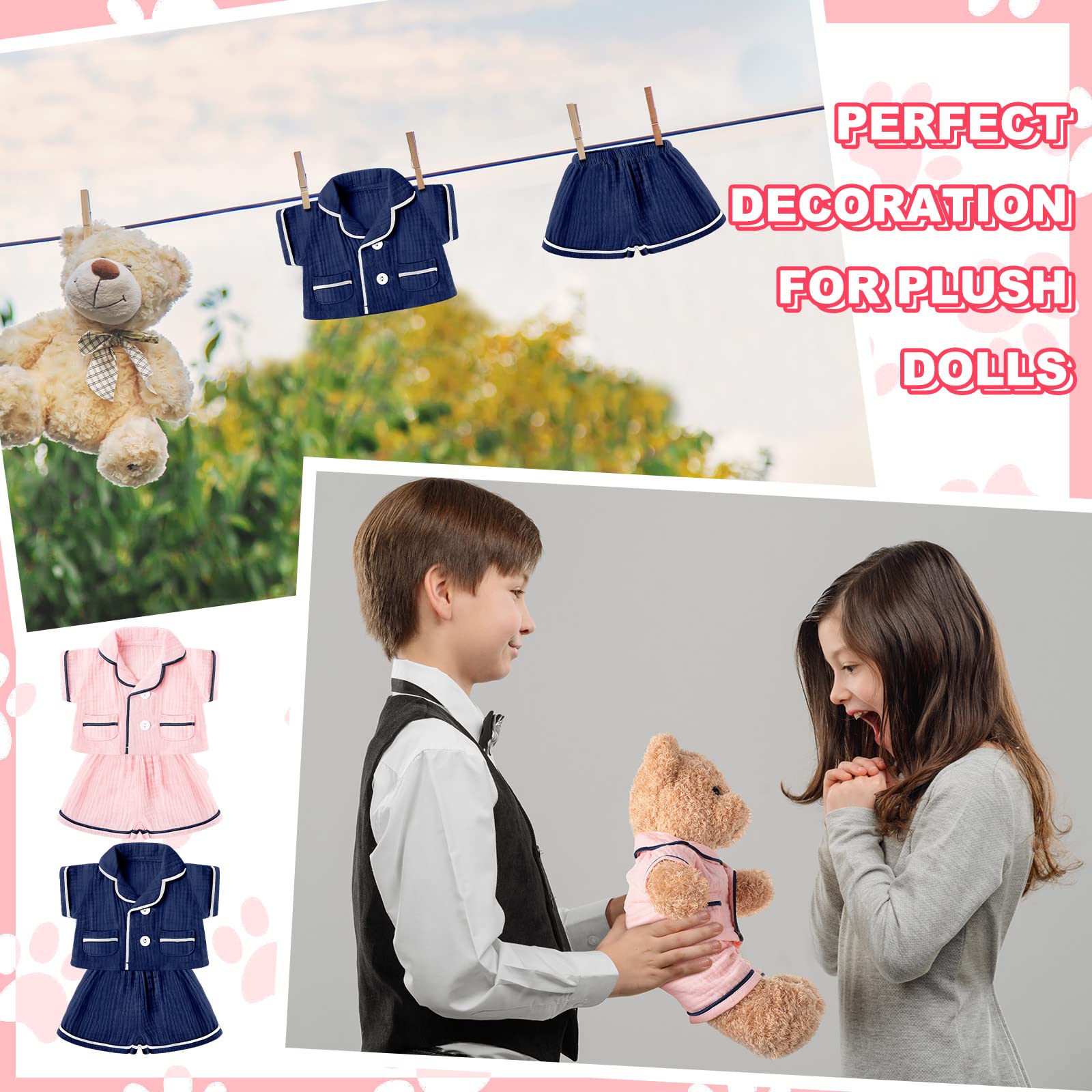 2 Sets Bear Clothes Stuffed Animal Clothes Bear Accessories Pink and Blue Bear Pajamas Clothes Double Layer Muslin Short Sleeve Top and Bottom Pajamas Fits Most 14-18 Inch Bears