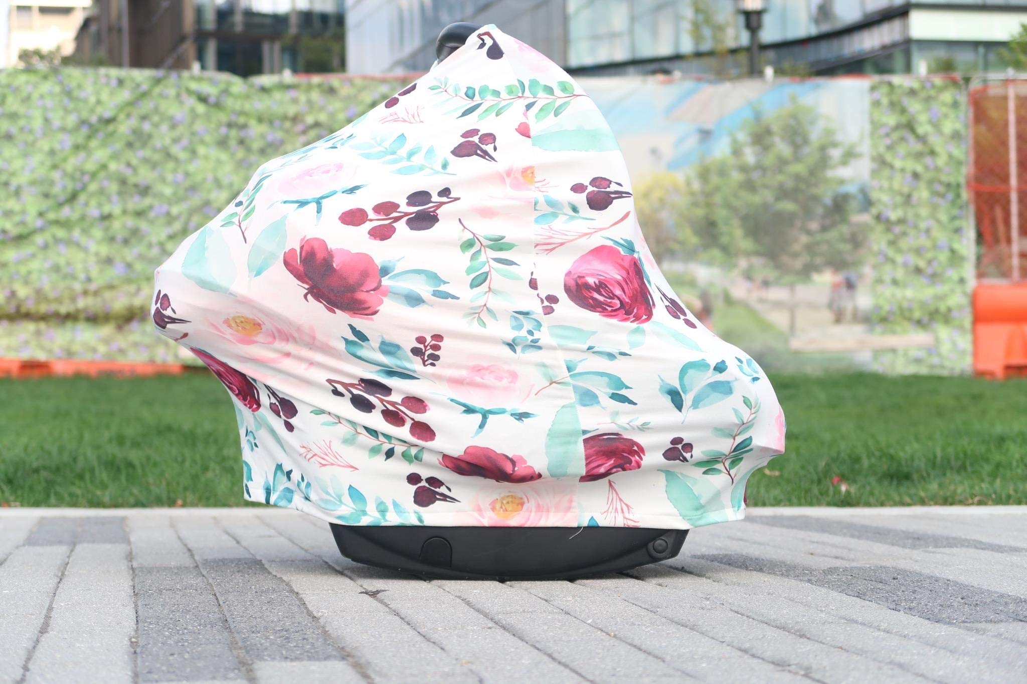 Baby Carseat Cover with Carrying Pouch Nursing/Breastfeeding 3 in 1 Multi-Use Extra Soft Floral Car Seat Canopy Baby Shower/New Moms and Dads