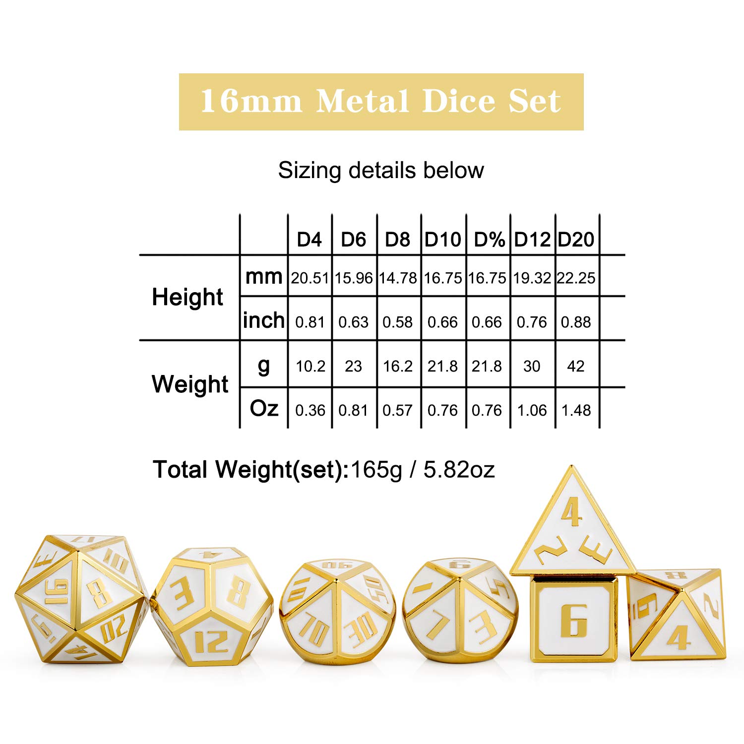 ALLCOLORED 16mm DND Metal Dice Set White Gold 7 Pieces Polyhedral Dice D&D with Metal Case and Velvet Bag for Playing Tabletop Roleplay Games Dungeons and Dragons
