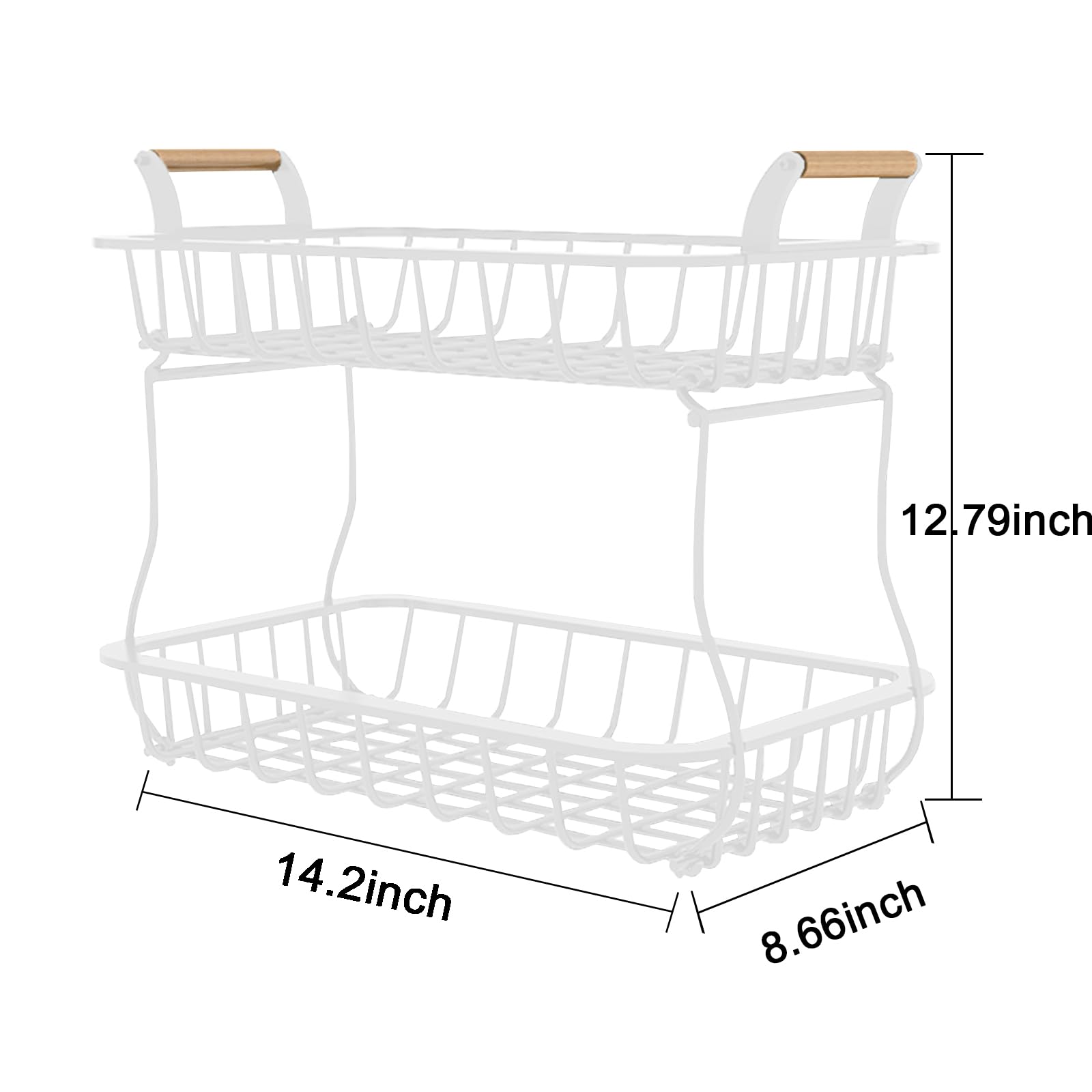 2 Tier Fruit Storage Basket Countertop for Kitchen, Bread Vegetable Farmhouse Fruit Basket Bowl Stand Detachable Metal Wire Basket with Wooden Handle for Kitchen, Reception, Dining Table(White)
