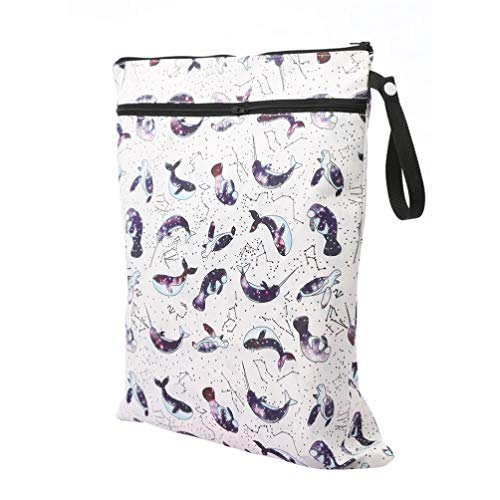 Cloth Diaper Wet Dry Bags, 16x13 inch Waterproof and Reusable Nappy Organizer Bag with Two Zippered Pockets for Swimsuits or Wet Clothes (White)
