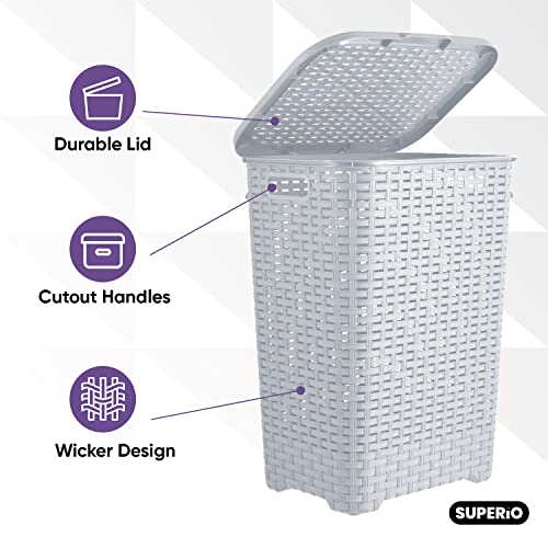 Superio Laundry Hamper with Lid 60 Liter Ivory (2 Pack) Plastic Wicker Large Hampers Basket with Cutout Handles, Deluxe Bin to Storage Dirty Cloths in Washroom Bathroom