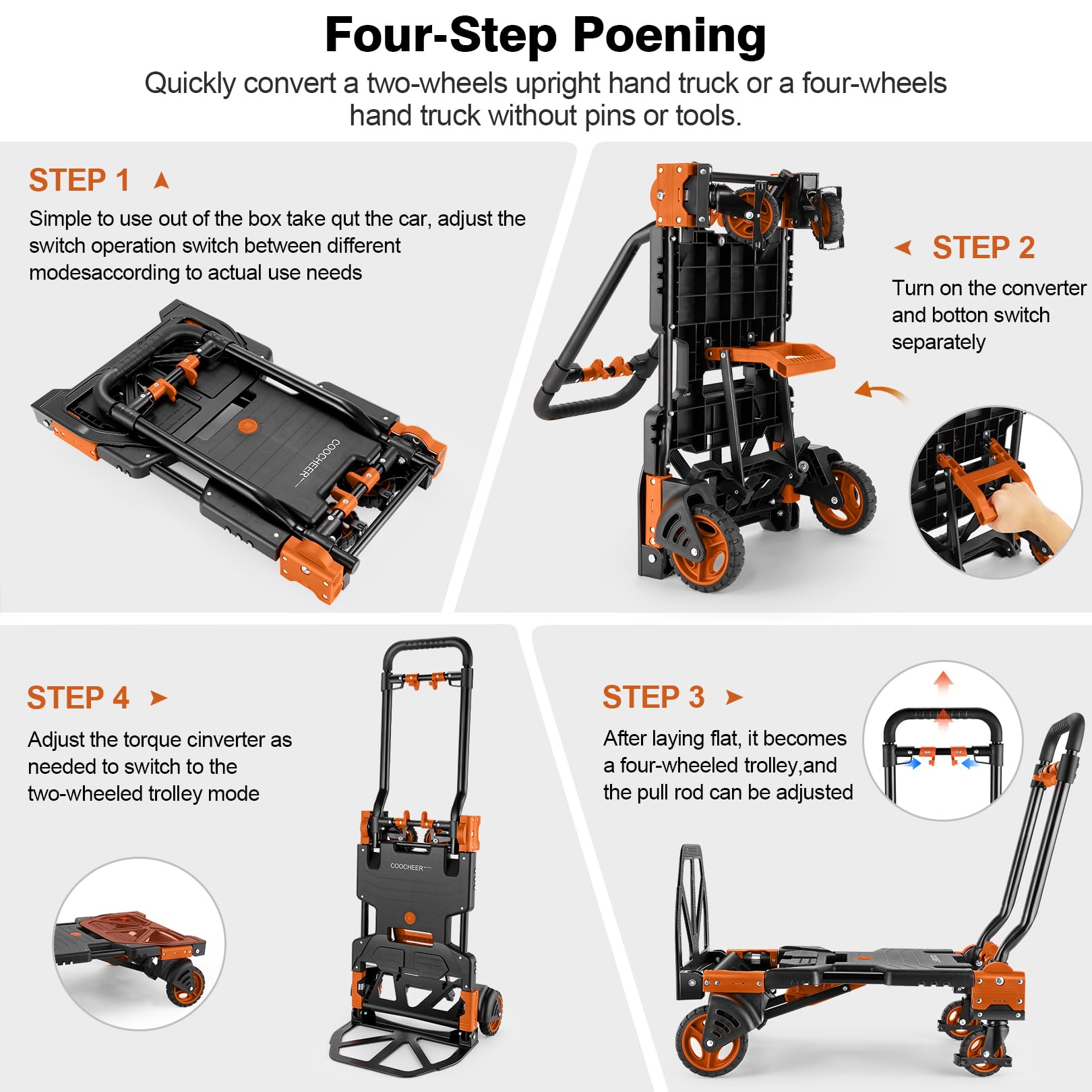330LB Folding Hand Truck Heavy Duty Carrying, Combination of Four Wheels and Two Wheels Convertible Dolly Cart with Retractable Handle Dolly for Moving Office Carts(Orange)