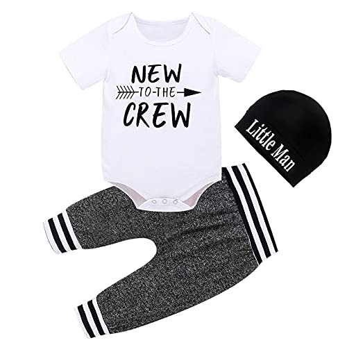 CETEPY Baby Boy Clothes Newborn Romper Infant Summer Outfits Short Sleeve + Long Pants + Hat 3Pcs Set New to The Crew Letter Printed White 0-3 Months 70cm
