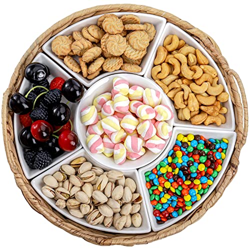 AVLA Ceramic Divided Serving Dishes, Porcelain Relish Tray, Party Appetizer Platter, 6 Removable Snack Bowls with Cattail Basket for Chips and Dips, Candy, Nut, Condiment, Veggie, Portable Handle