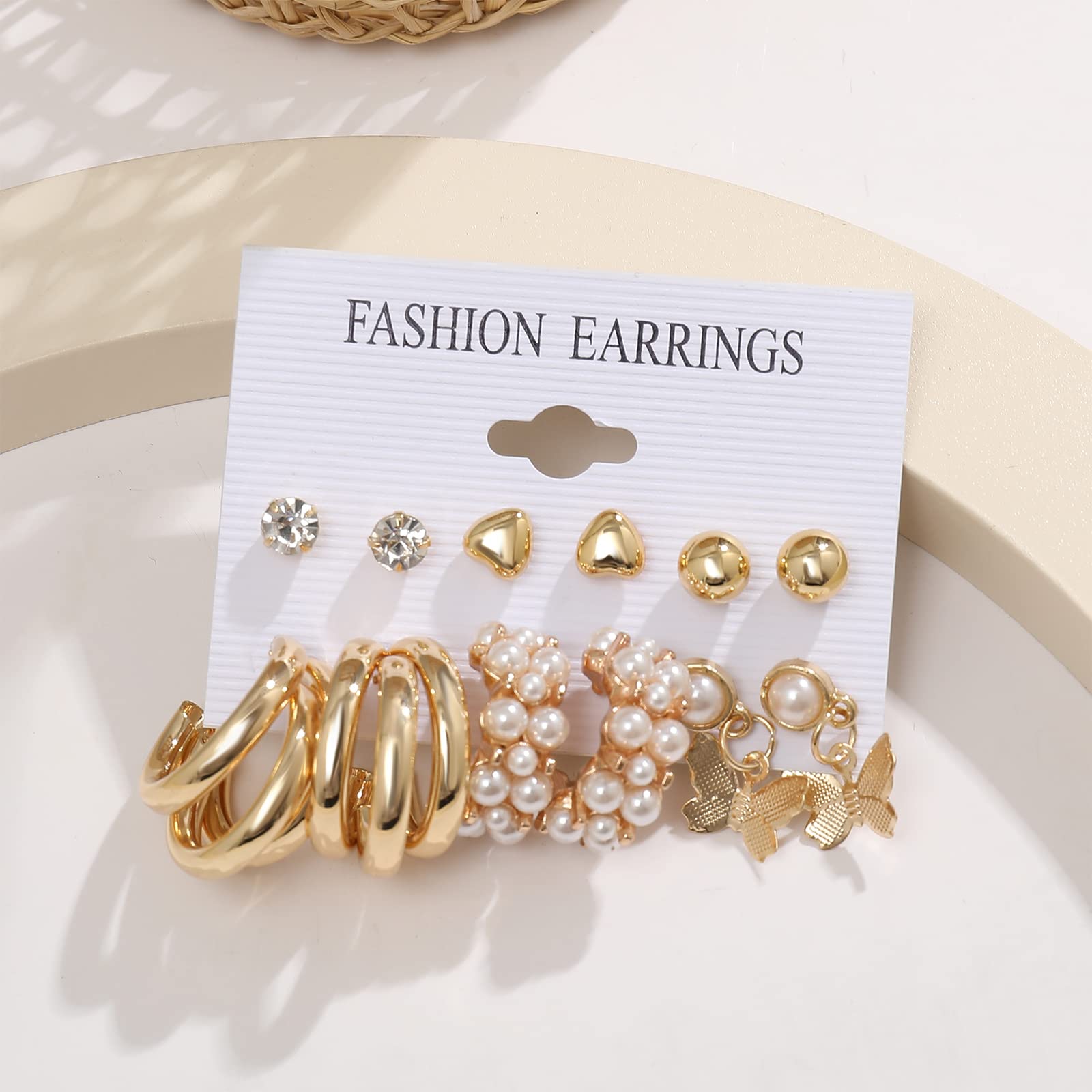 18 Pairs Gold Hoop Earrings Set for Women Multipack, Boho Fashion Statement Stud Pack with Pearl Butterfly Shaped Assorted Small Big Jewelry for Gift