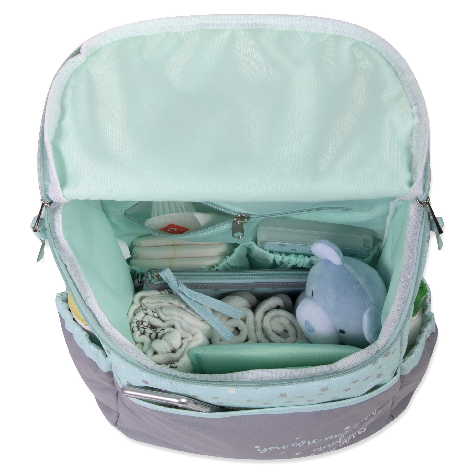 Baby Essentials Diaper Bag Backpack 5 Piece Set with Sun, Moon, and Stars, Wipes Pocket, Stroller Straps, Dirty Diaper Pouch, Changing Pad (Grey/Blue Backpack)