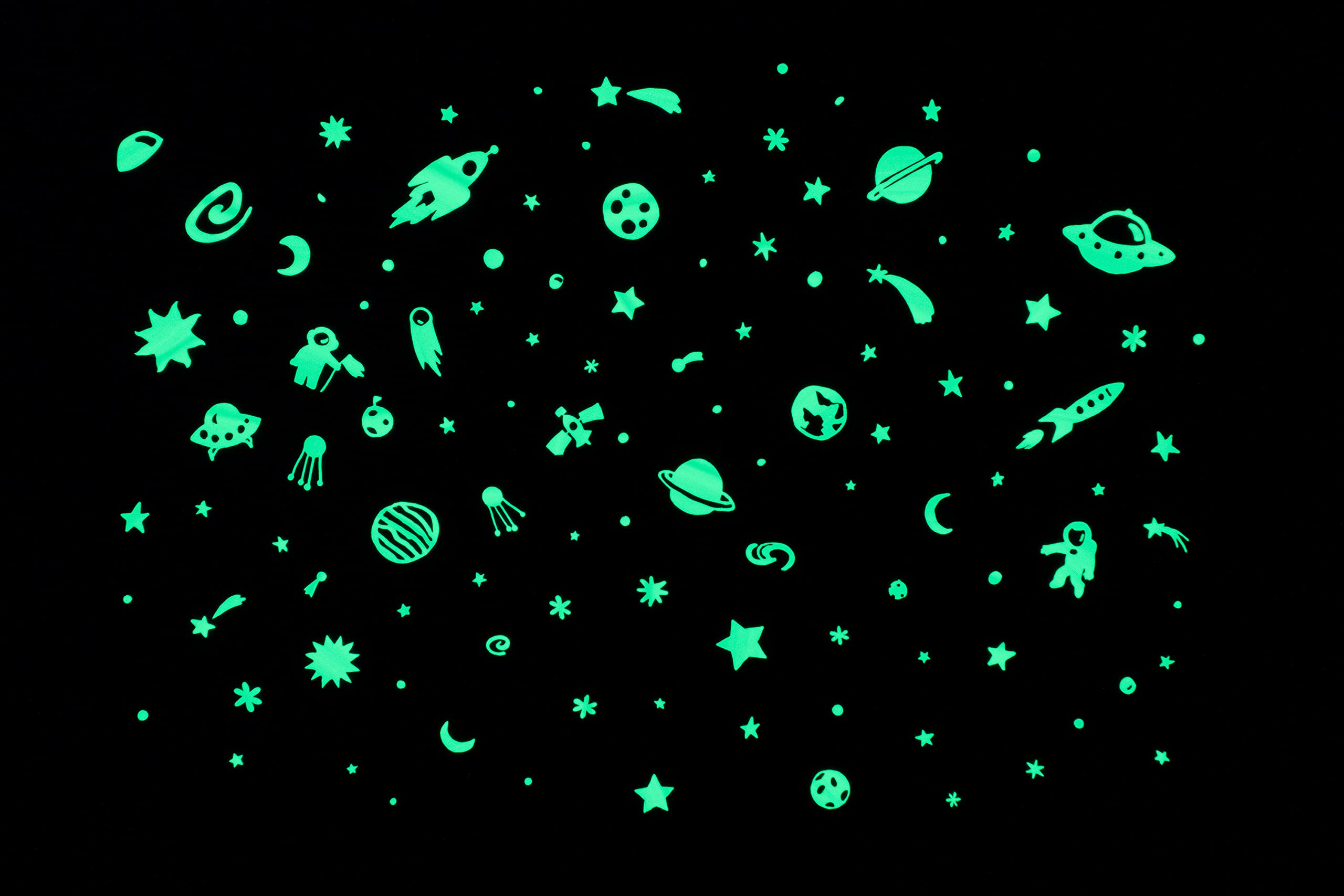 GLOPLAY Space Adventure Series (107pcs/pack), Glow in The Dark Educational Wall Stickers, The Eco-Friendly and Brightest Wall Stickers for Ceiling, Bathtime, Bedroom, Party, Decor