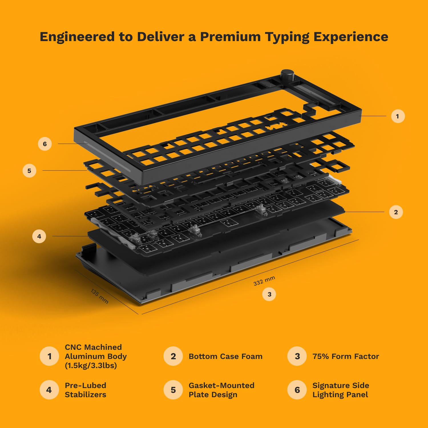 Glorious Modular Mechanical Gaming Keyboard - 75% / Barebones/Pre Built/Black and White (Barebones (Black))