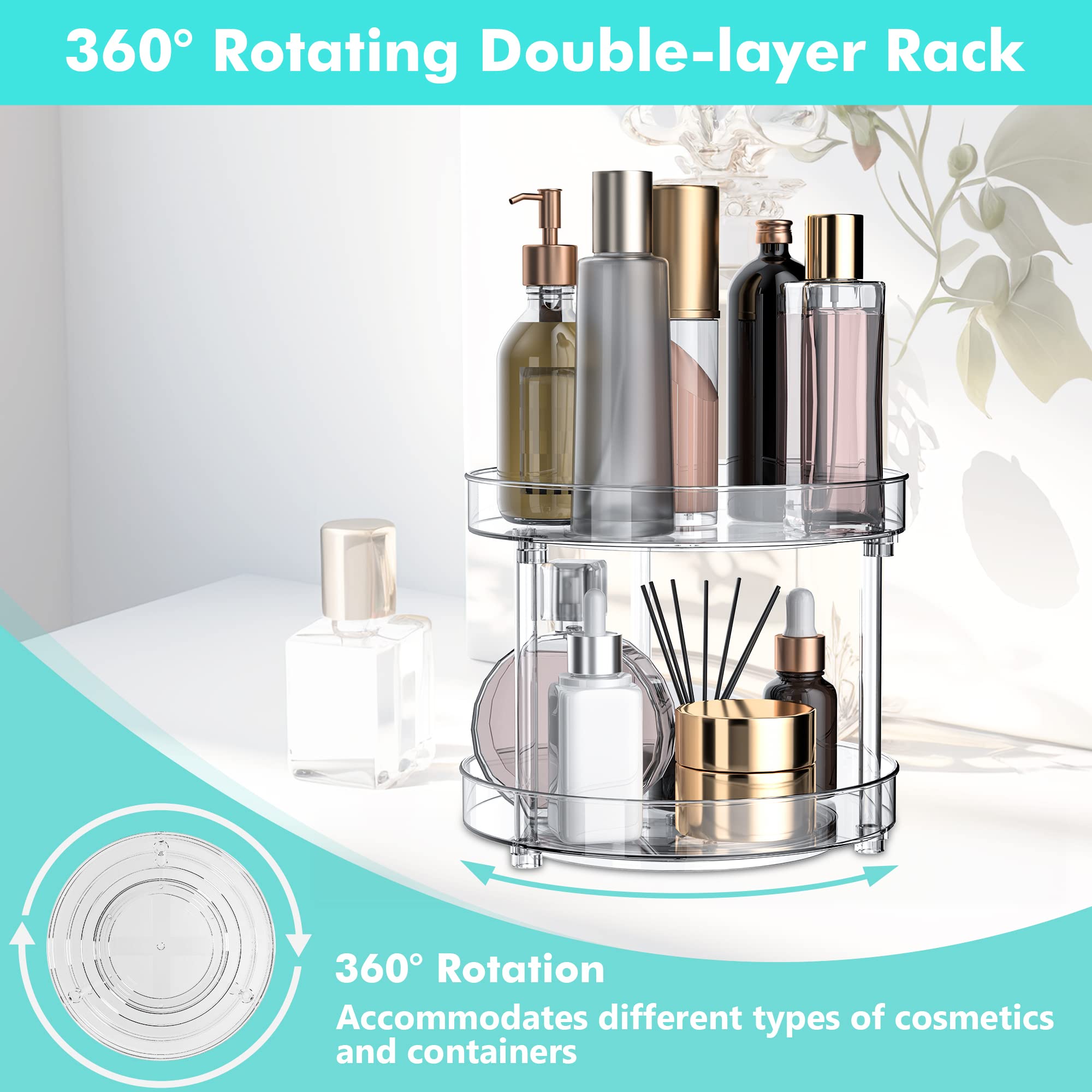 2 Tier Lazy Susan Organizer,Clear Plastic Lazy Susan Turntable for Cabinet,Rotating Lazy Susan Spice Rack Cabinet Organizer for Kitchen,Table,Refrigerator,Pantry,Bathroom