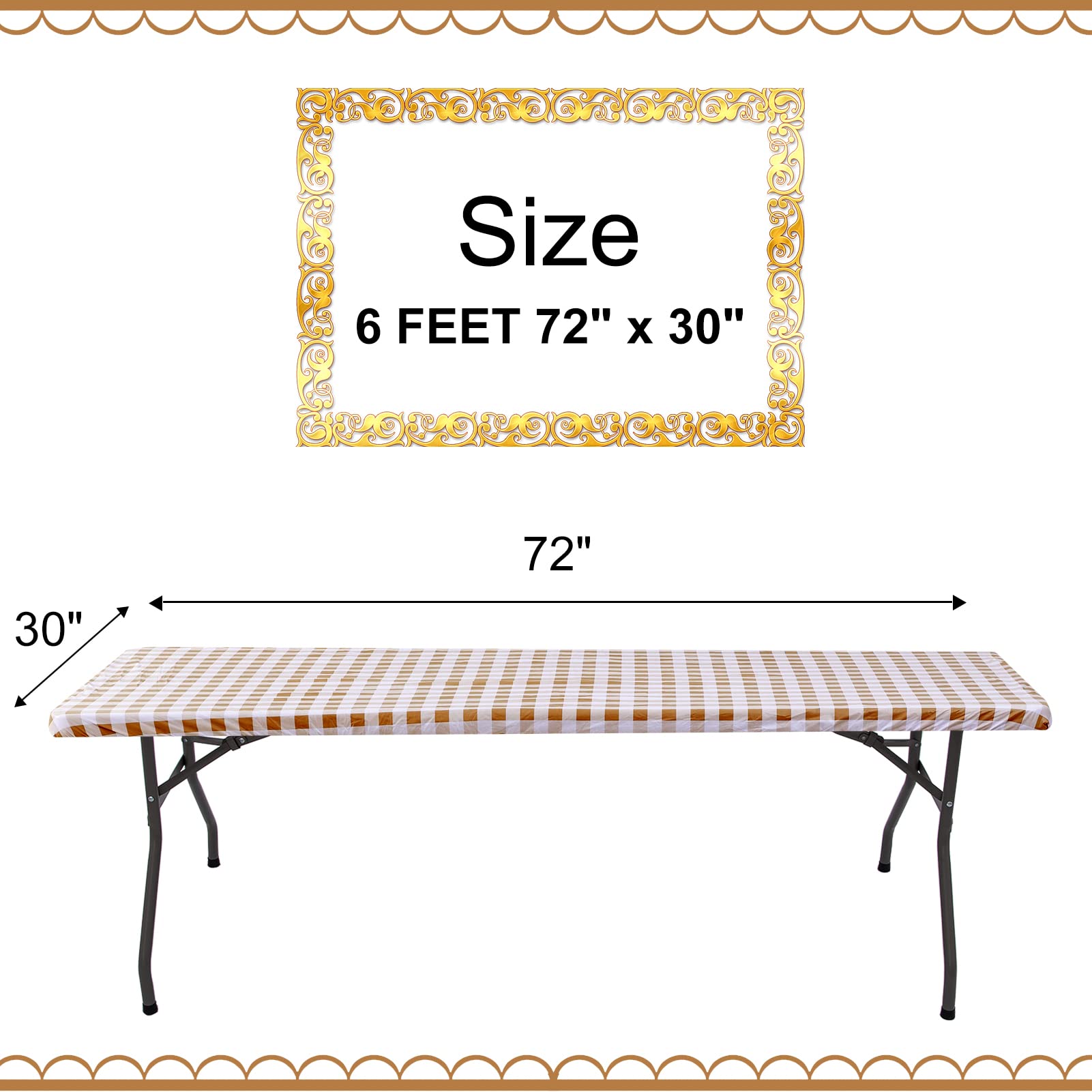 6ft Rectangle Elastic Fitted Tablecloth, Waterproof Spill-Proof Edged Vinyl Table Cover Khaki Checkered Printed with Flannel Baking, Easy to Wipe Off Stains, Great for Picnic Party Outdoor Patio