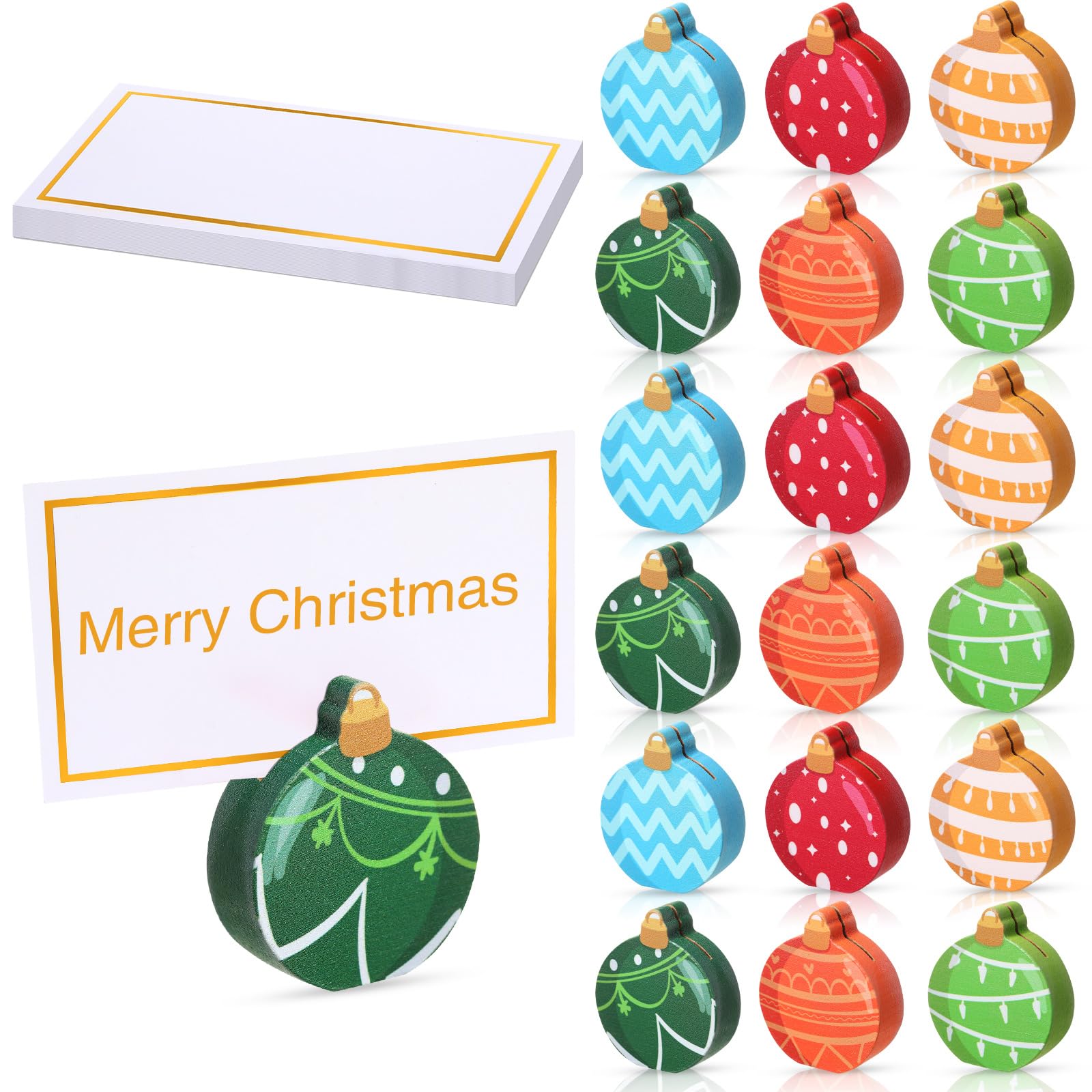 18 Pcs Christmas Wooden Place Card Holders with Name Card Mini Santa Claus Snowman Christmas Tree Christmas Ball Name Card Photo Picture Stand Holder for Winter Christmas Party(Christmas Ball)