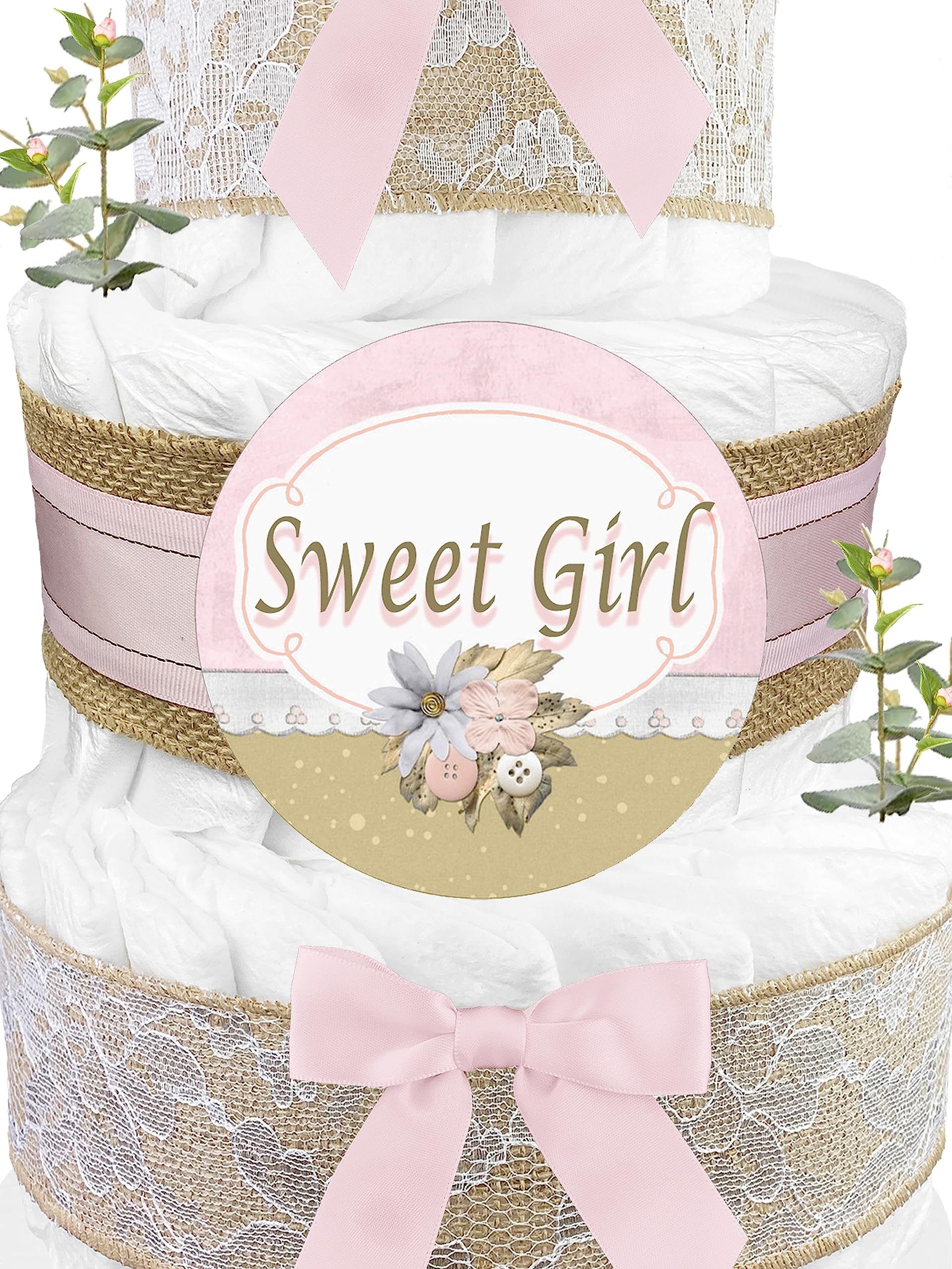 Baby Gift for a Girl - Shabby Chic Diaper Cake - Pink, Lace and Burlap