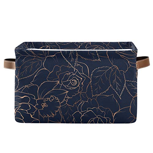 AGONA Large Foldable Storage Bin Navy Blue Gold Rose Peony Floral Storage Bins Collapsible Decorative Fabric Storage Baskets with Leather Handles for Home Closet Bedroom Organizer Nursery 1 Pack