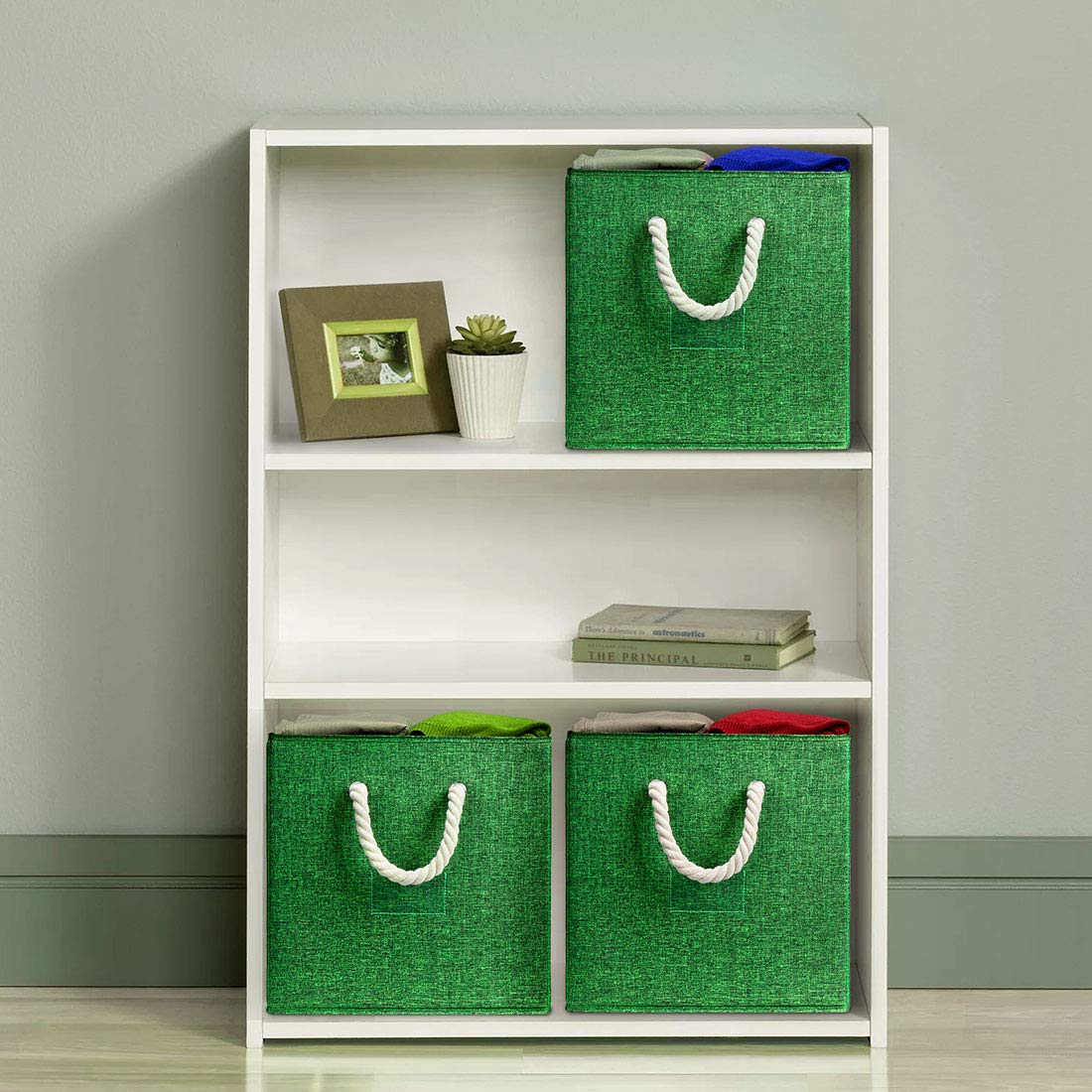 i BKGOO Foldable Storage Cube Bins,Green Linen Fabric Collapsible Resistant Basket Box Organizer with Cotton Rope Handle for Home Office and Nursery 13x13x13 inch