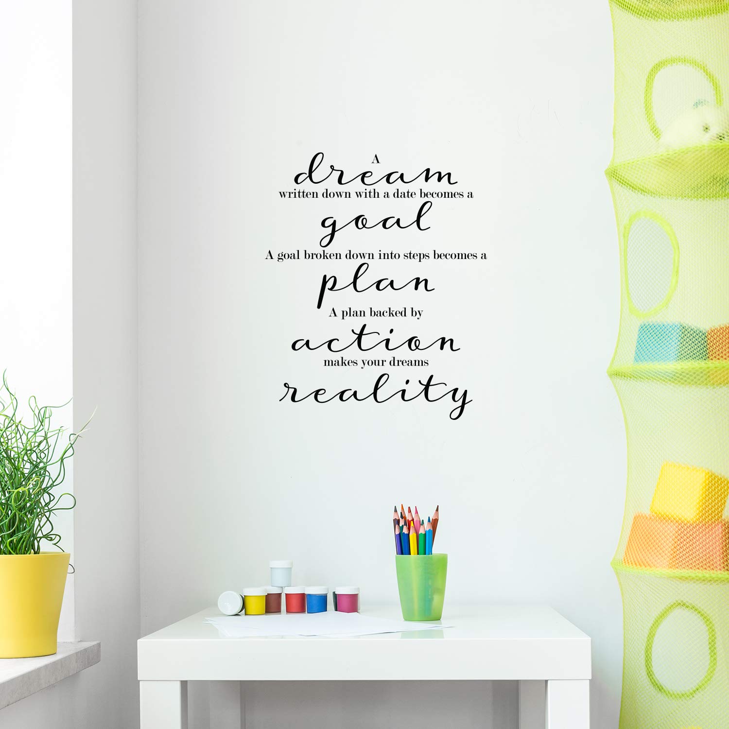Vinyl Wall Art Decal - A Dream, A Goal, A Plan, Action, Dreams Reality - 26.5" x 22" - Trendy Inspirational Positive Mind Change Quote Sticker for Bedroom Playroom Office School Store Decor (Black)