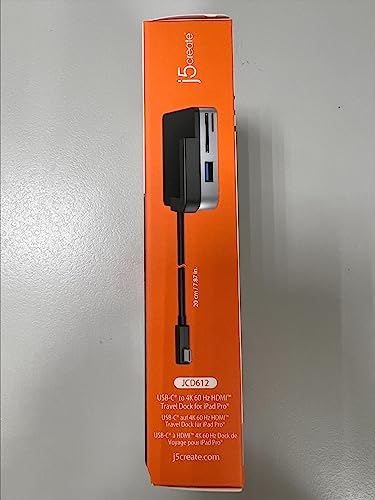 j5create iPad Pro USB C Hub- 6-in-1 Travel Dock for iPad Pro 12.9β/11β, with 4K@60Hz HDMI, USB C PD Charging 100W & Data, USB A 3.1, SD and microSD Card Reader, 3.5mm Headphone Jack (JCD612)