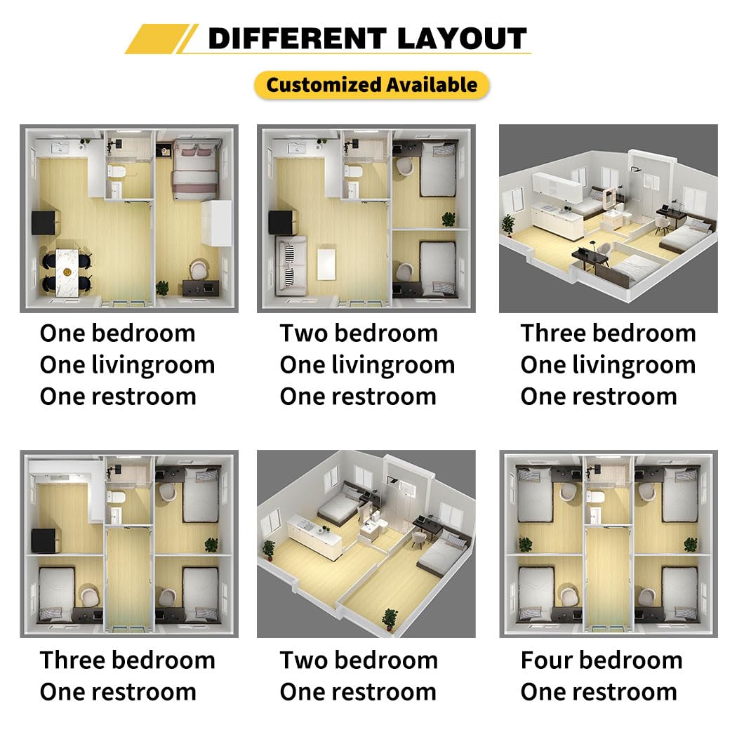 20FT Tiny House - Prefab Portable Container Home with 2 Bedrooms, Bathroom, and Kitchen - Foldable Steel Frame Mobile Home for Adult Living - 1 Year Warranty - Modern Design