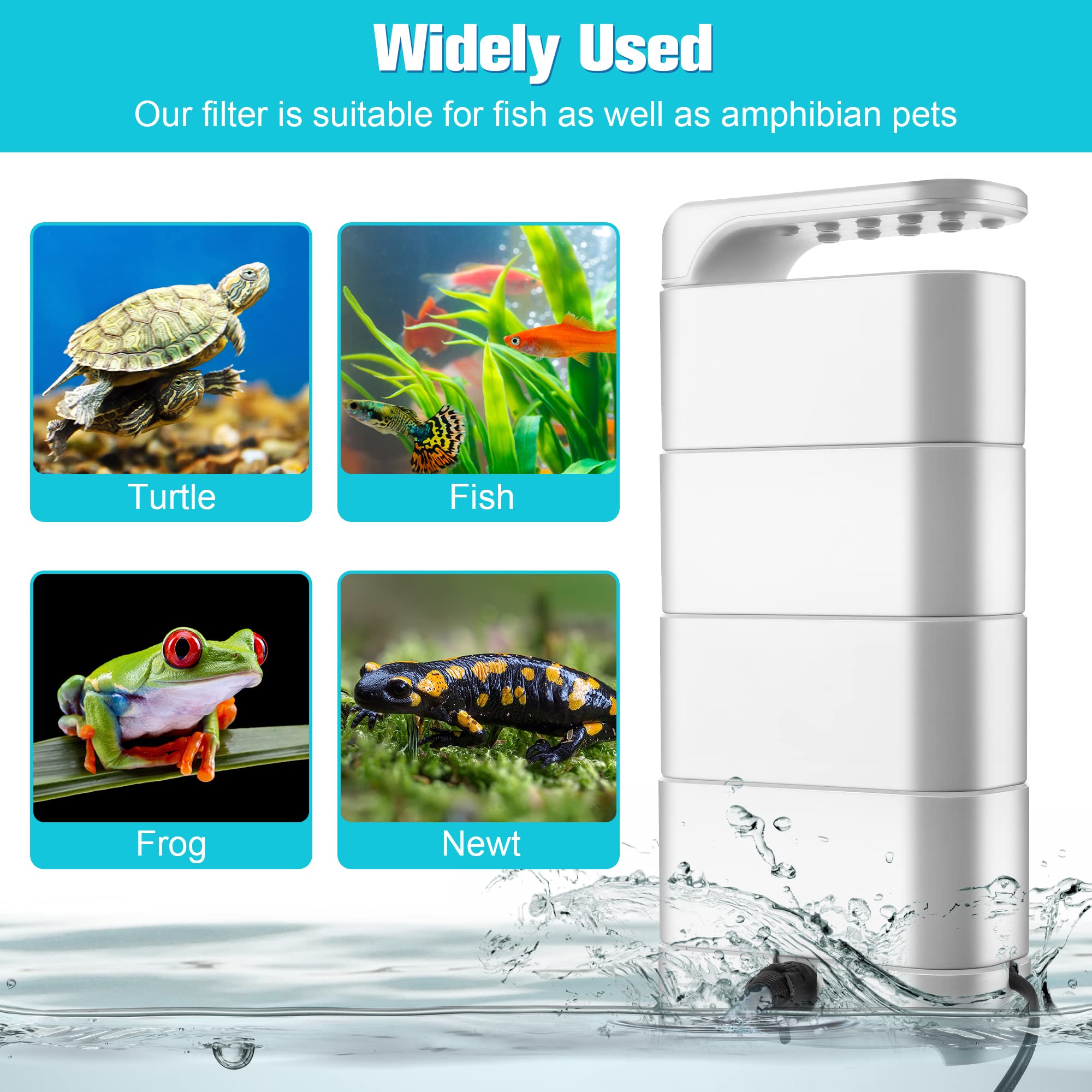 850L/H Turtle Water Filter, 4 in 1 Turtle Tank Filter Reptile Tank Water Filter with Sponge, Bio Balls, 2 Suction Cups and Drain Hose, Submersible Aquarium Filter for Amphibians and Reptiles Frog