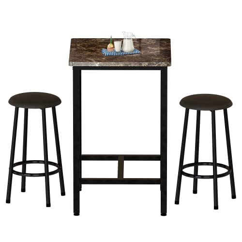 AWQM 3-Piece Dining Table and Chairs for Apartment, Bar Set with 1 Square Table and 2 Round Stools, Kitchen Table Set for 2, Breakfast Table with Footrest for Restaurant, Dinette, Studio (Dark Brown)