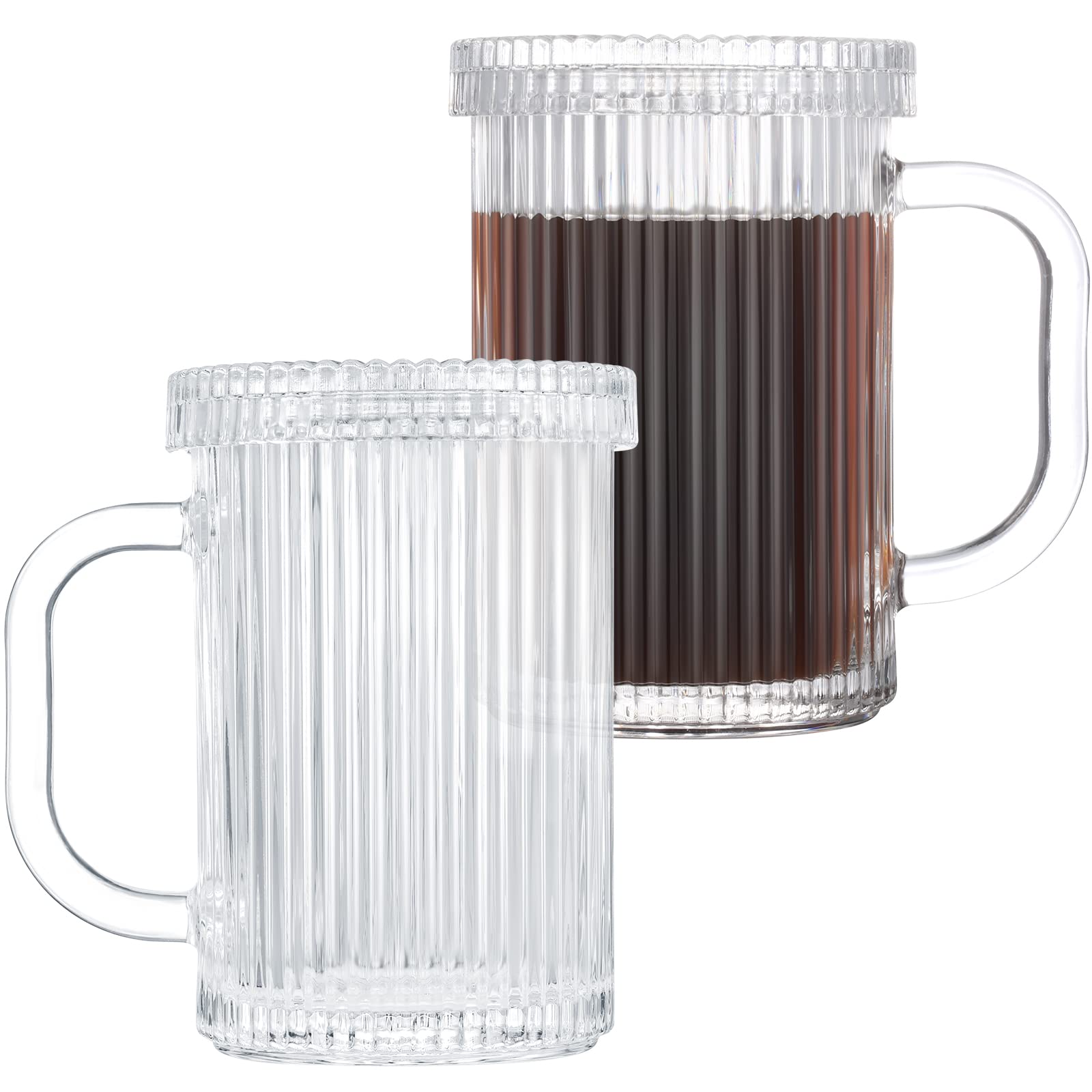 2 Pieces Clear Glass Coffee Mugs with Glass Lids Vintage Vertical Stripes Tea Mug Classic Ribbed Glasses with Handles Clear Coffee Cups for Espresso Latte Anniversary Xmas 14 oz (Clear)