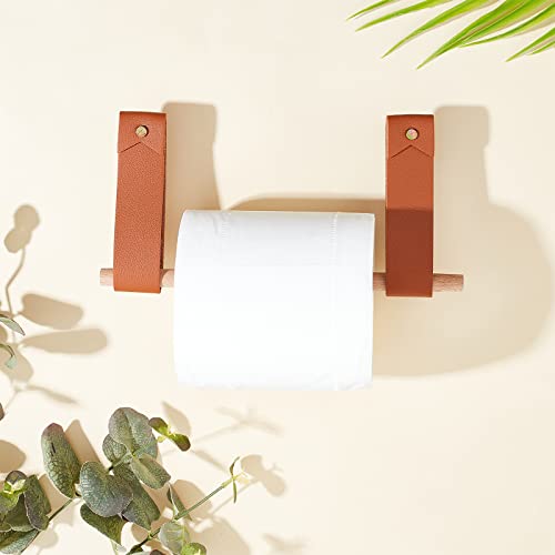 AHANDMAKER Leather Wall Hooks Kit, 2 Pcs Leather Straps Hanger Towel Hook with Wooden Dowel Rail & Screws Wall Mounted Hanging Strap Holder for Bathroom Bedroom Kitchen Handles Nordic Boho Decor