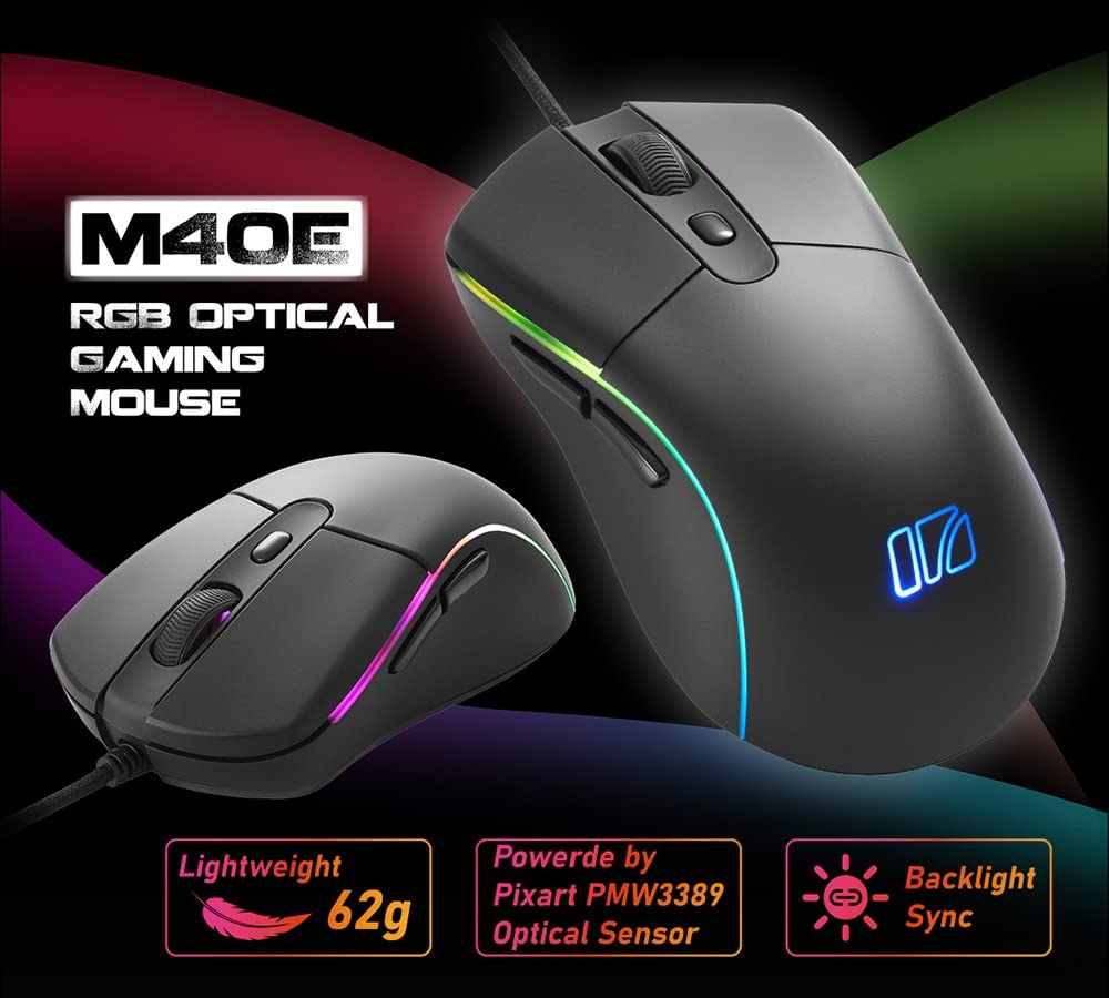 i-rocks M40E Esports Grade Ultralight 62g Performance Gaming Mouse with D2FC-F-K(60MN) Micro Switches, PMW 3389 Optical Sensor (Up to 16,000 DPI) & RGB Lighting