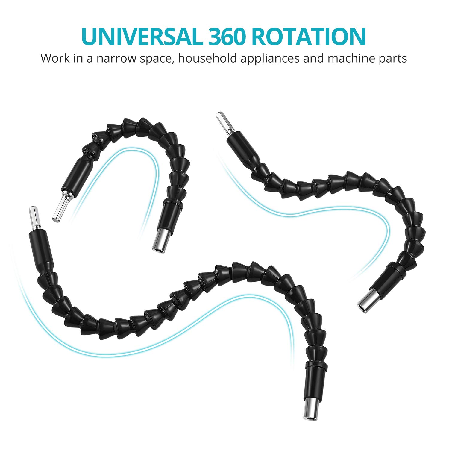 3 Pcs Flexible Drill Bit Extension, Universal Soft Shaft, Magnetic Hex Screwdriver Extension for Hand Drill Multi, Adaptor Size Hexagon 1/4", Black