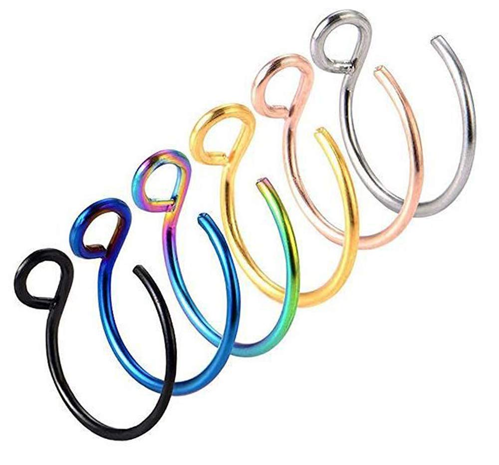 20G Stainless Steel Nose Rings 8mm Nose Cuff Piercing Jewelry Hoop for Faux Lip Septum Boby Piercing (6 pcs)