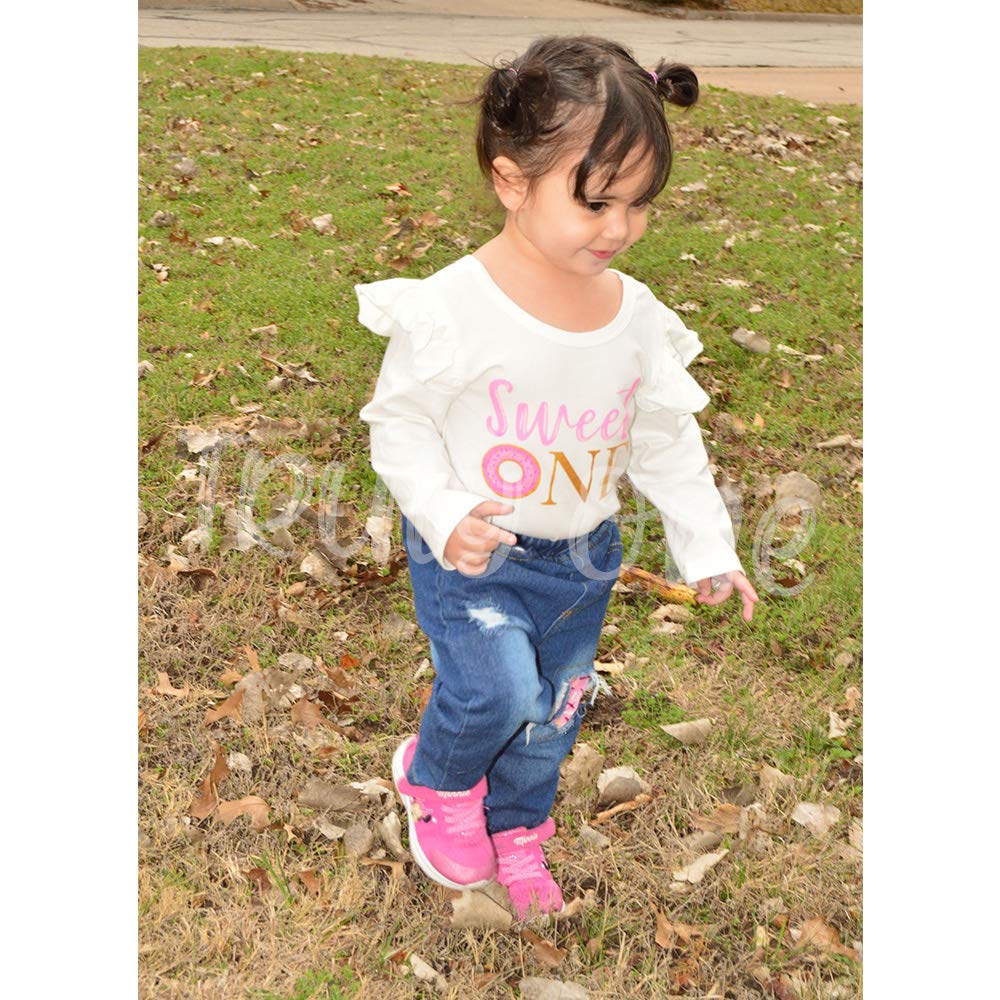 Baby Girls One Year Old Birthday Clothes Denim Jeans Outfits with Headband (White-Long,12-18 Months)