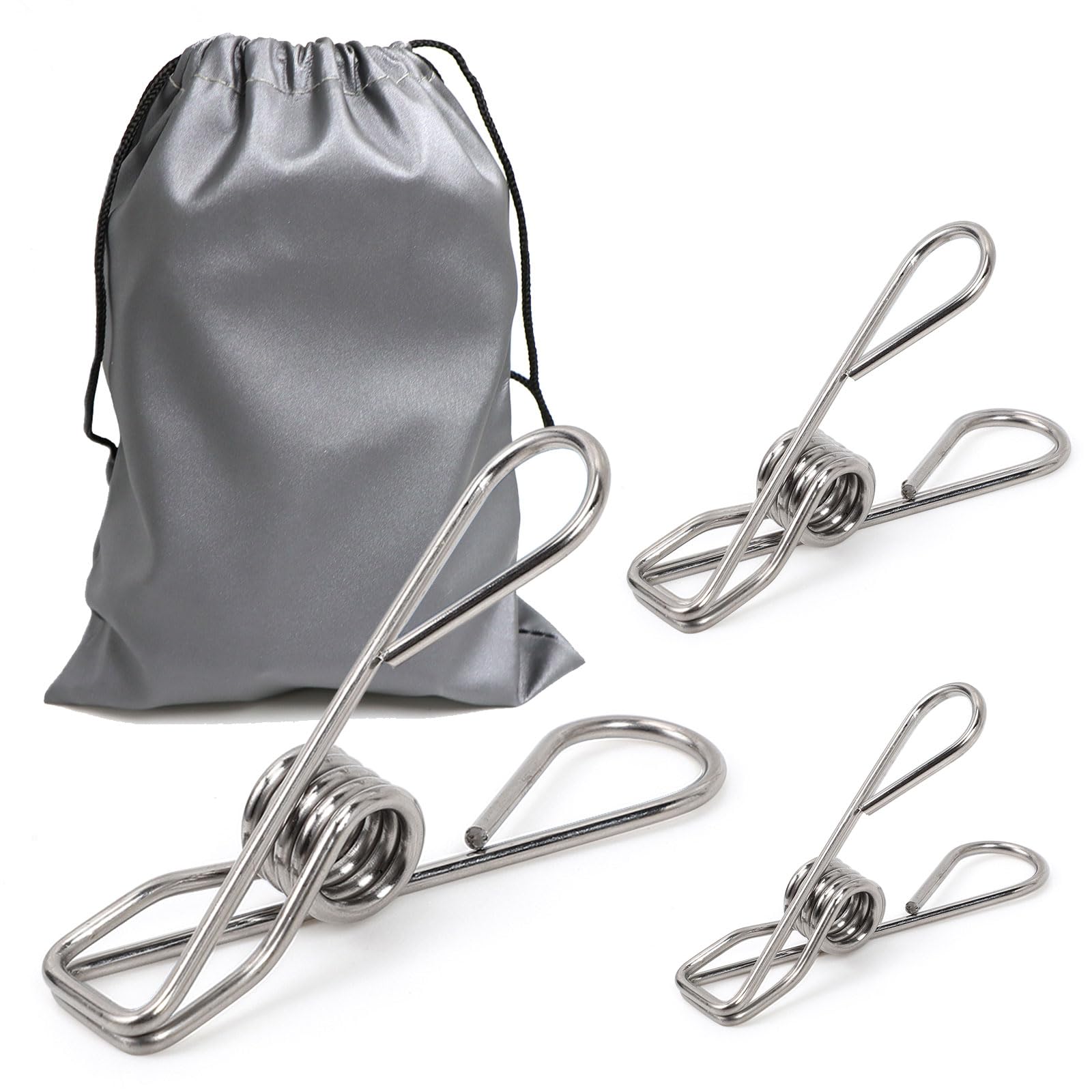 40 Pack Clothes Pins Heavy Duty, 304 Stainless Steel Clothes Pins with Waterproof Bag, Metal Clothespins Assorted Size Include Extra Large, 2.4/2.6/3.4 Inch Laundry Pins for Hanging Clothes Outdoor