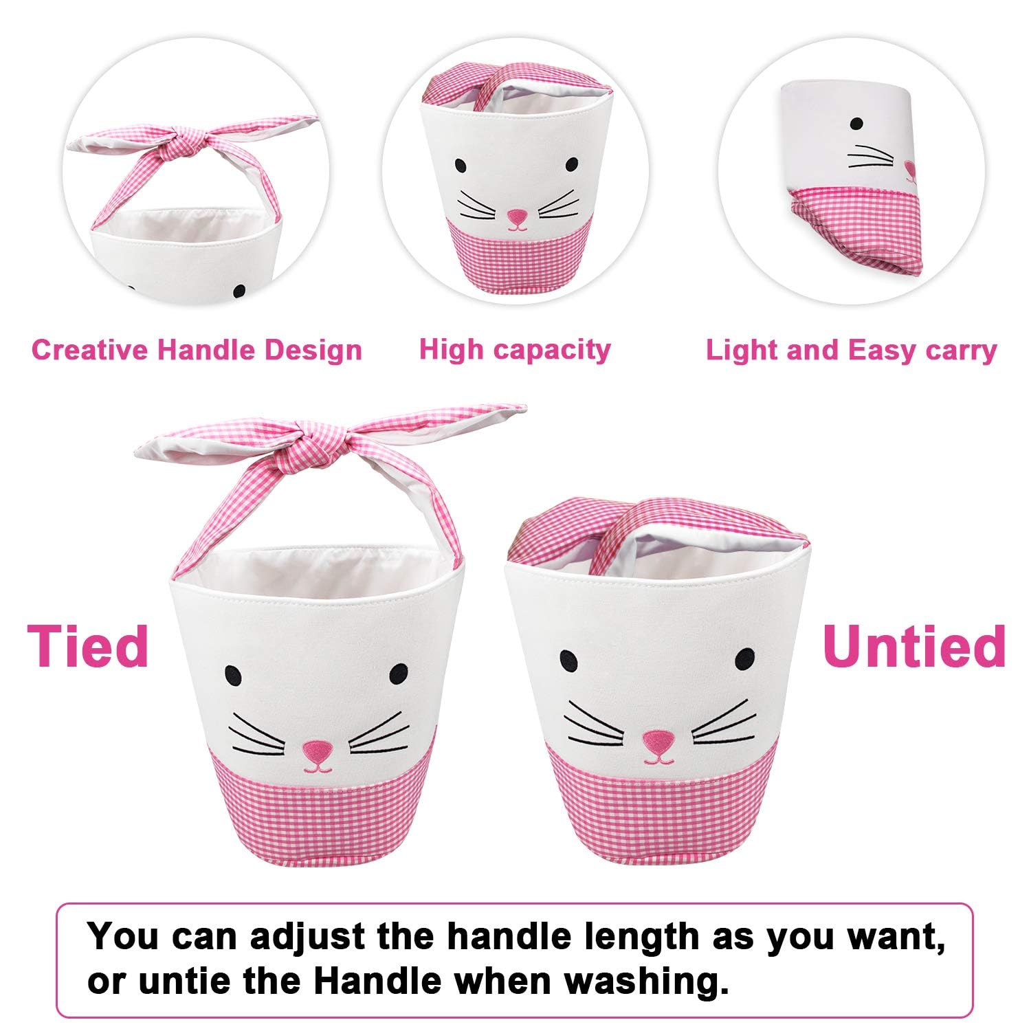 Leesgel Bunny Easter Basket for kids, Easter Basket for Girls Boys Easter Baskets with Handle Easter Bucket Gift Baskets for Kids Easter Basket Bags Party Favors for Kids (Pink)