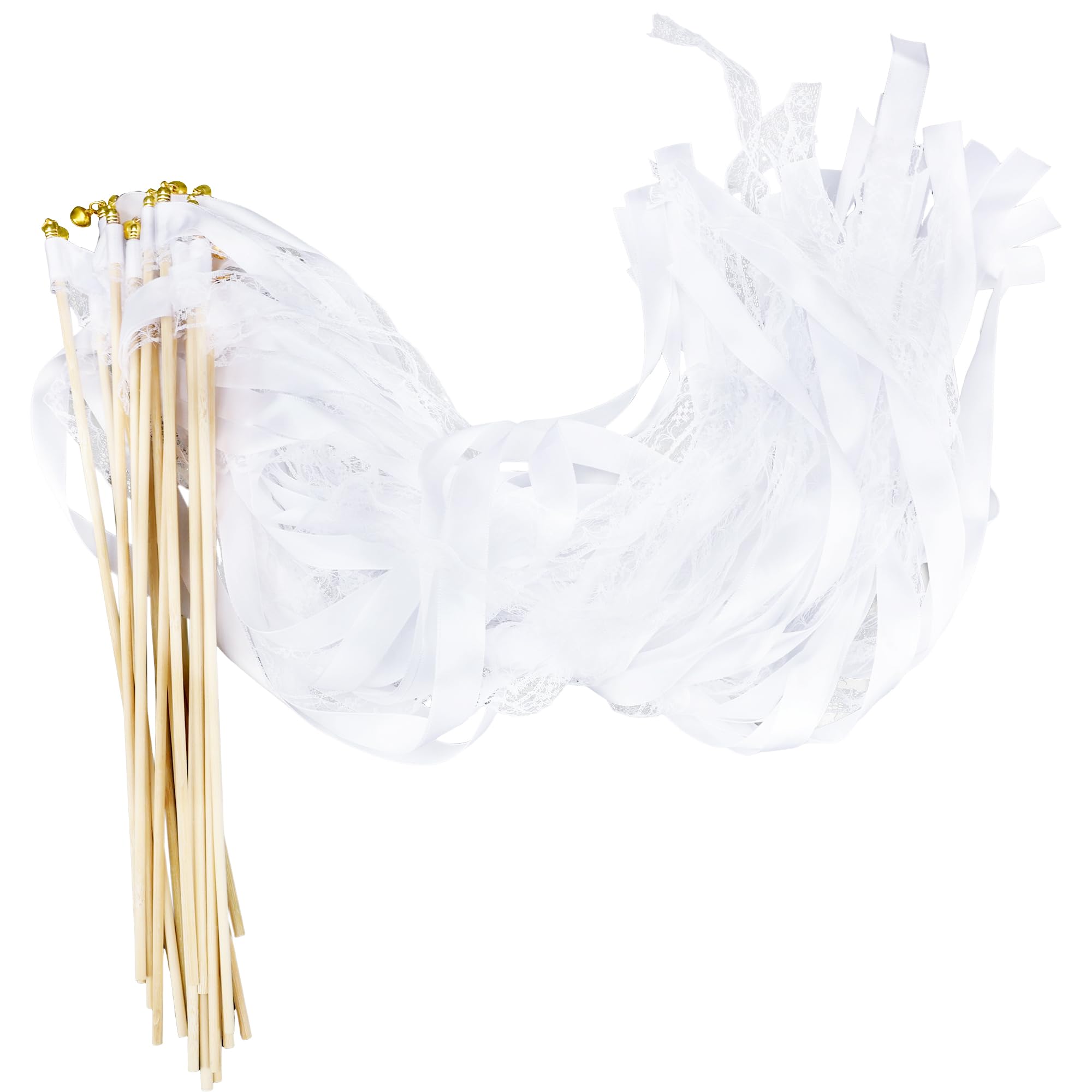 40 Pack Ribbon Stick Wands Streamers Silk Fairy Wand Bulk White Lace Ribbon with Bell for Wedding Holiday Activities Party Favors Bridal Shower