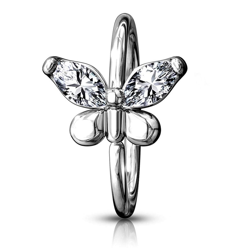 20GA CZ Butterfly Bendable Nose, Cartilage Hoop Ring (Silver)