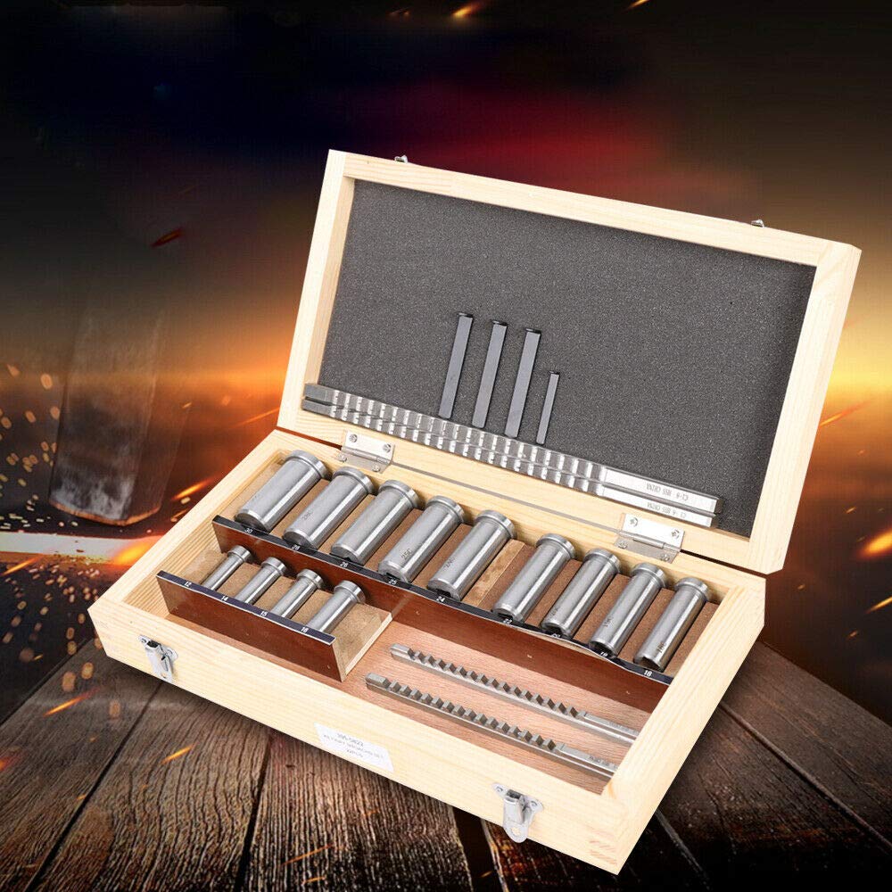 22 Pcs Keyway Broach Set in Fitted Box, Industrial Tools Metric Size Broaching Cutter Collared Bushing Shim Set W/ 4 Pcs Broach & 13 Collared Bushing & 5 Gaskets (US Stock)