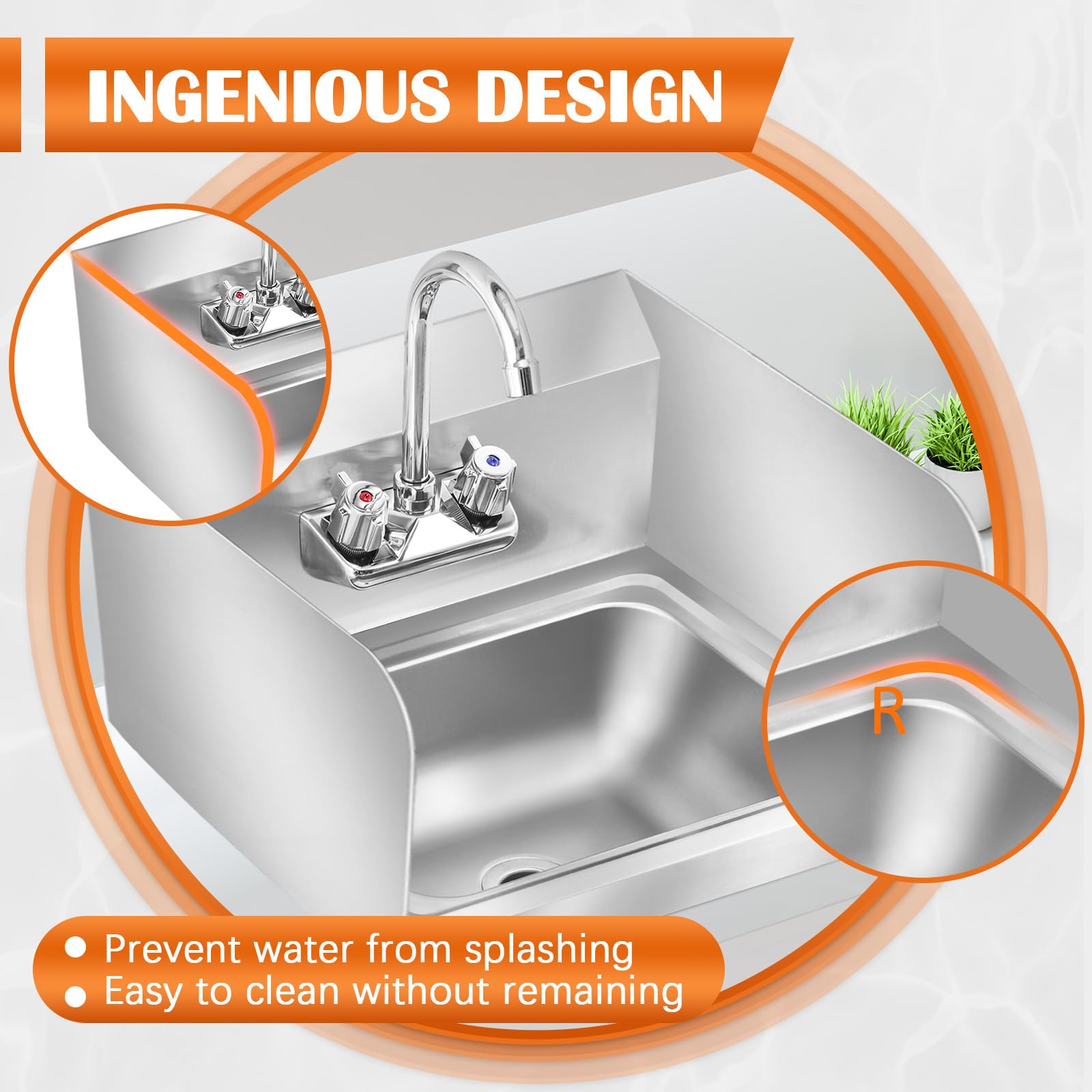 HOCCOT 304 Stainless Steel Sink, Wall Mounted Commercial Restaurant Sink, Hand Washing Sink with Side Splashes, Utility Sink for Restaurant, Kitchen, Bar, Outdoor, Garage, 17"x 15"
