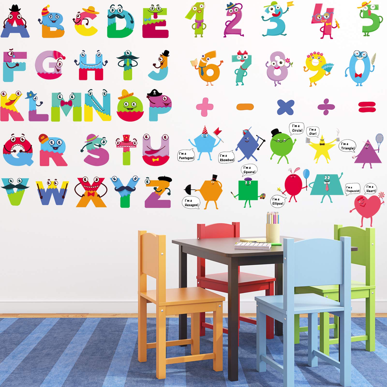 Colorful Alphabet Stickers Learning Wall Decals Alphabet Number Shape Educational Math Wall Stickers Peel and Stick Classroom Wall Decals Playroom Bedroom Decorations